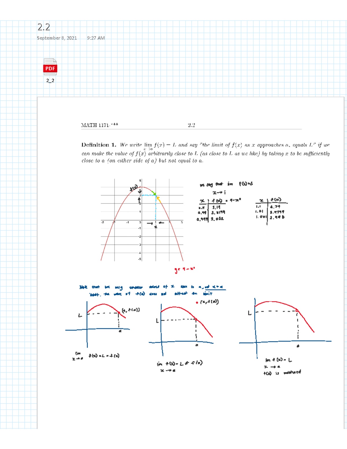 2 2 - Chapter 2.2 One-Sided Limits - MATH 1171 - 2_ Ϯ͘Ϯ ^ĞƉƚĞŵďĞƌ Θ͕ ...