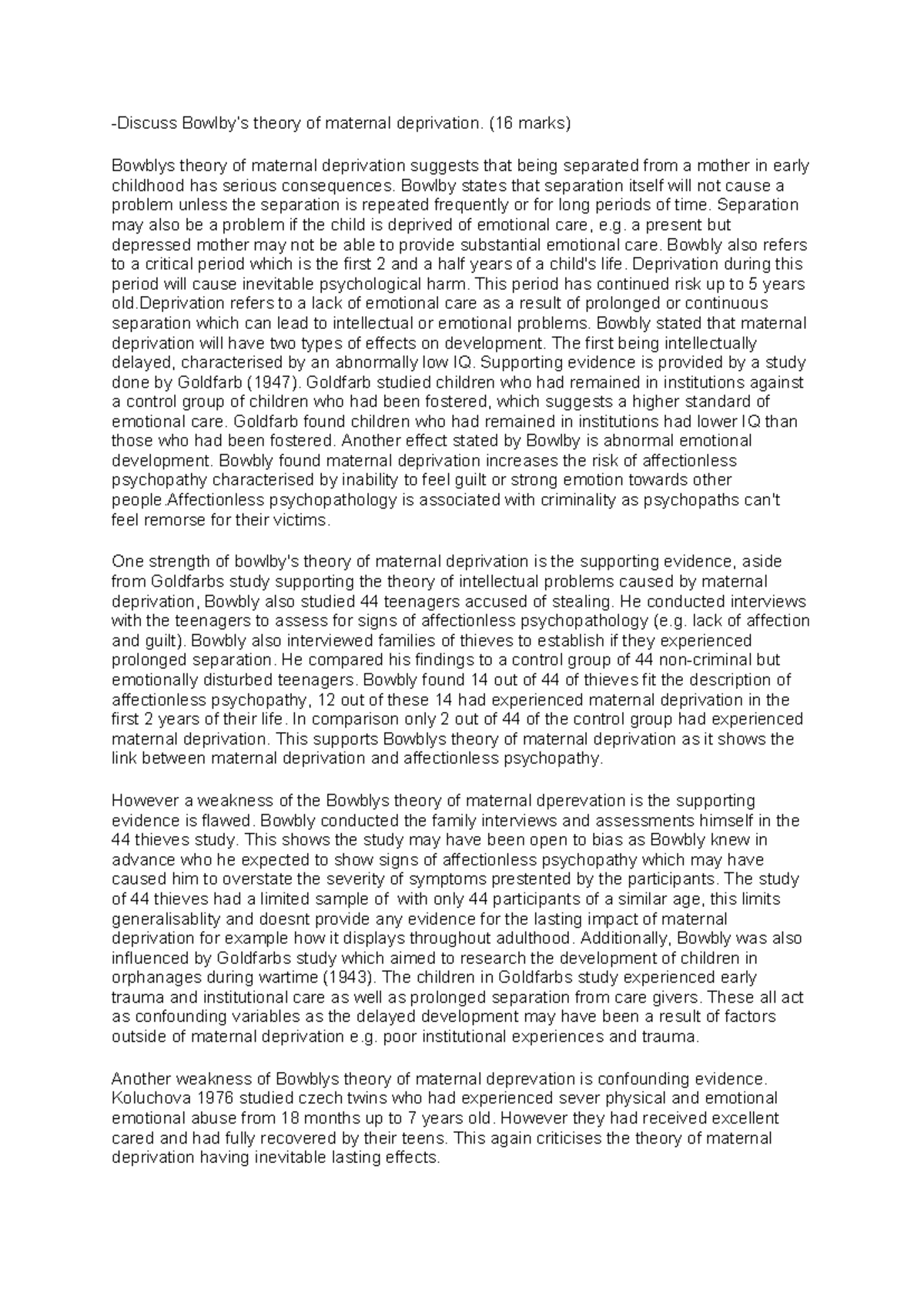 -Discuss Bowlby’s theory of maternal deprivation - (16 marks) Bowblys ...