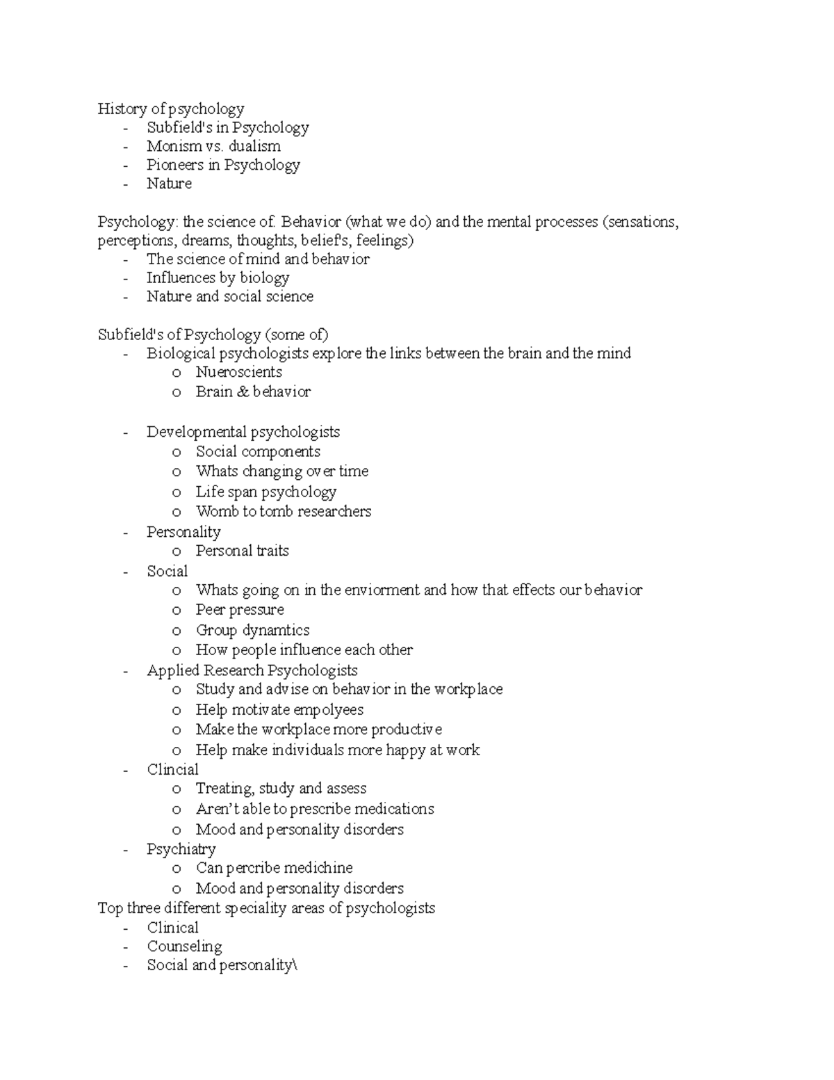 History of Psychology - Psych 101 notes from first couple weeks ...