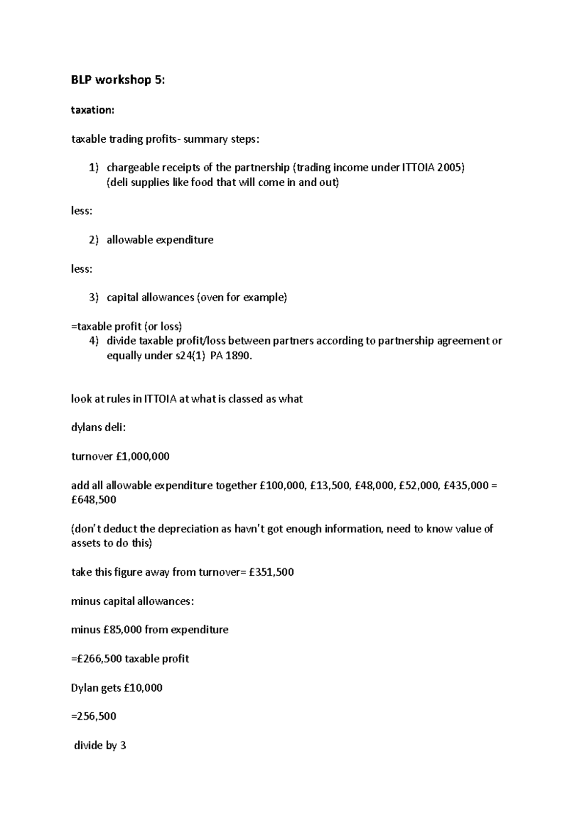 BLP workshop 5 - blp - BLP workshop 5: taxation: taxable trading profits- summary steps: 1 ...