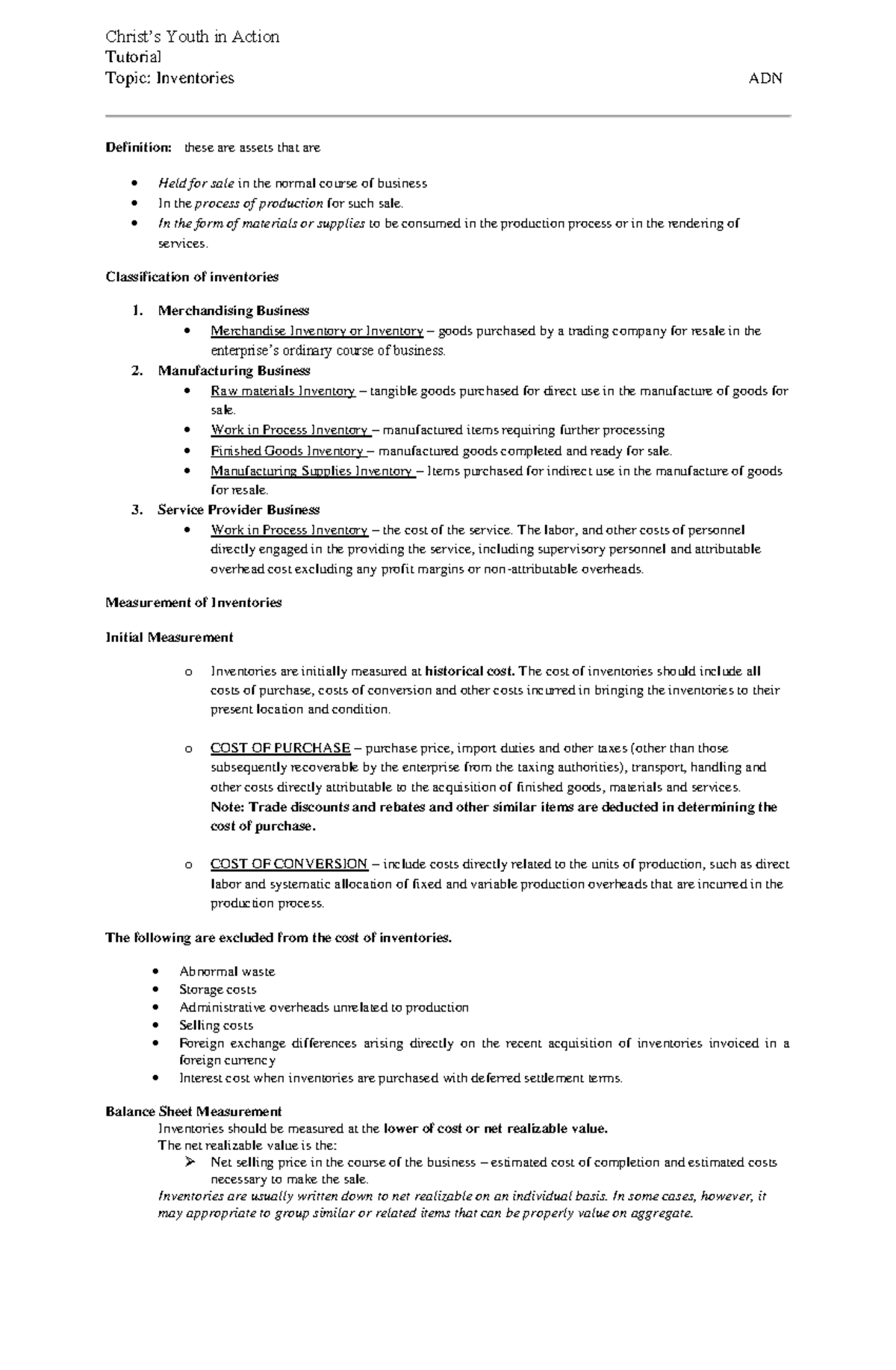 Inventory chapter 8 - Tutorial Topic: Inventories ADN Definition: these ...