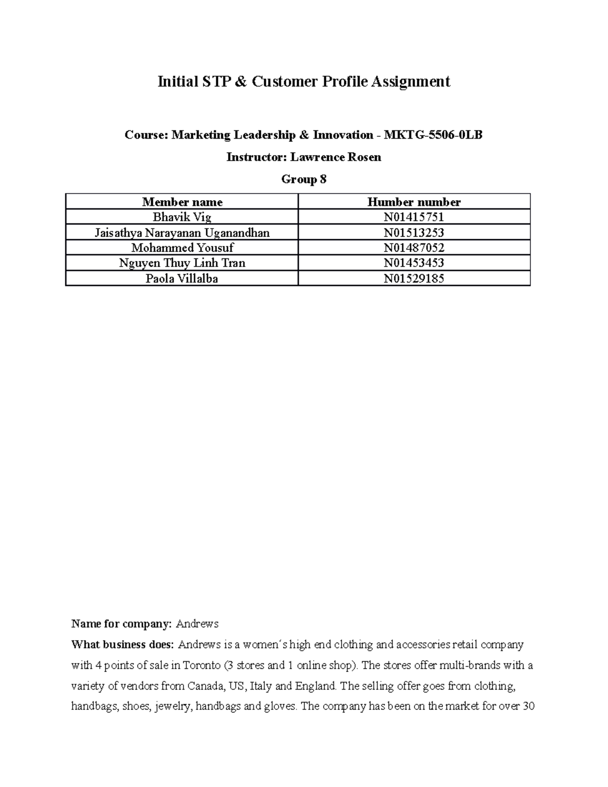 Initial STP and Customer Profile - Group 8 - Initial STP & Customer ...