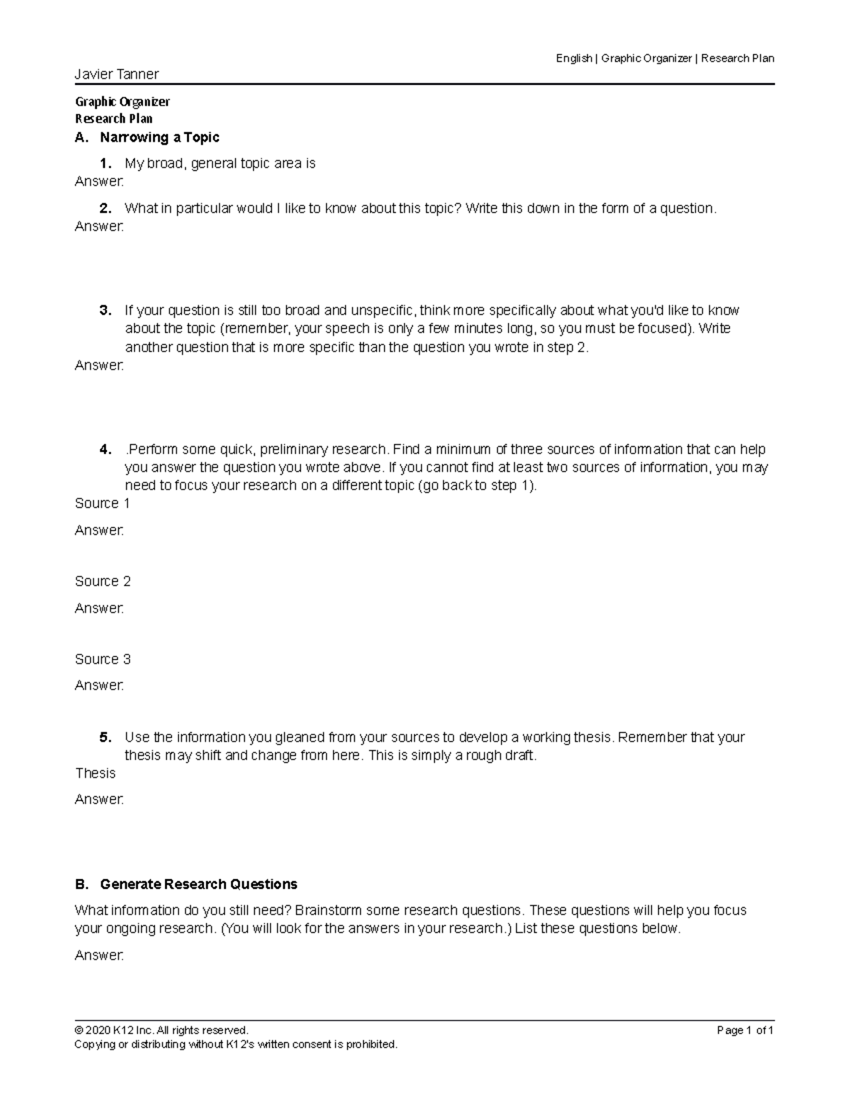 4.09 Research Plan - ESSAY - English | Graphic Organizer | Research ...
