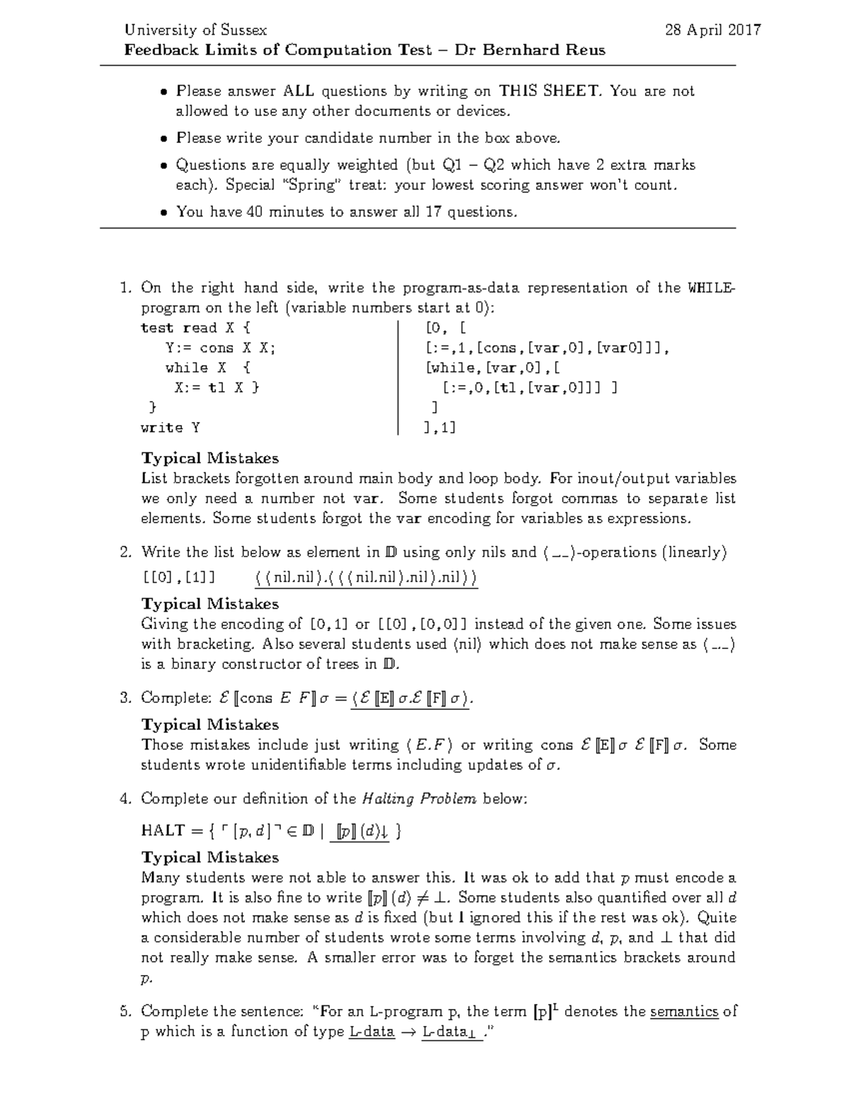Classwork test 2017 solutions - University of Sussex 28 April 2017 ...