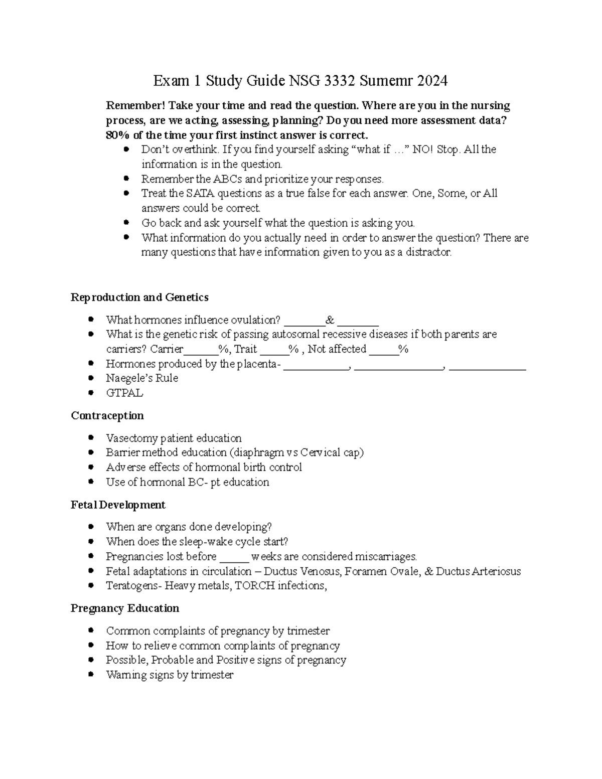 Exam 1 study guide - Exam 1 Study Guide NSG 3332 Sumemr 2024 Remember ...