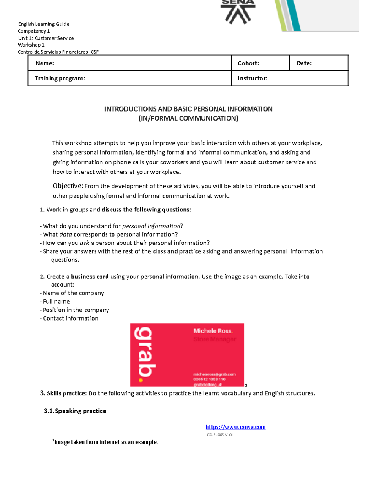 Workshop 1- Customer Service - English Learning Guide Competency 1 Unit 1: Customer Service ...