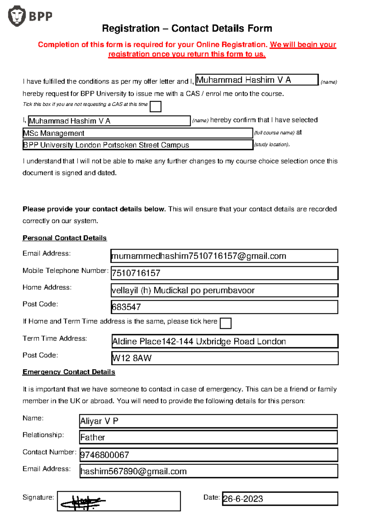 BPP Registration Contact Form and Course Choice Declaration filled ...