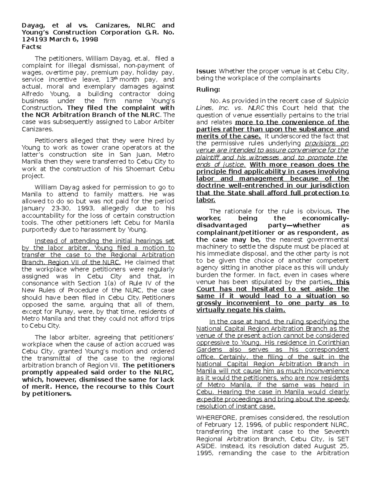 Dayag, et al vs. Canizares - Dayag, et al vs. Canizares, NLRC and Young ...