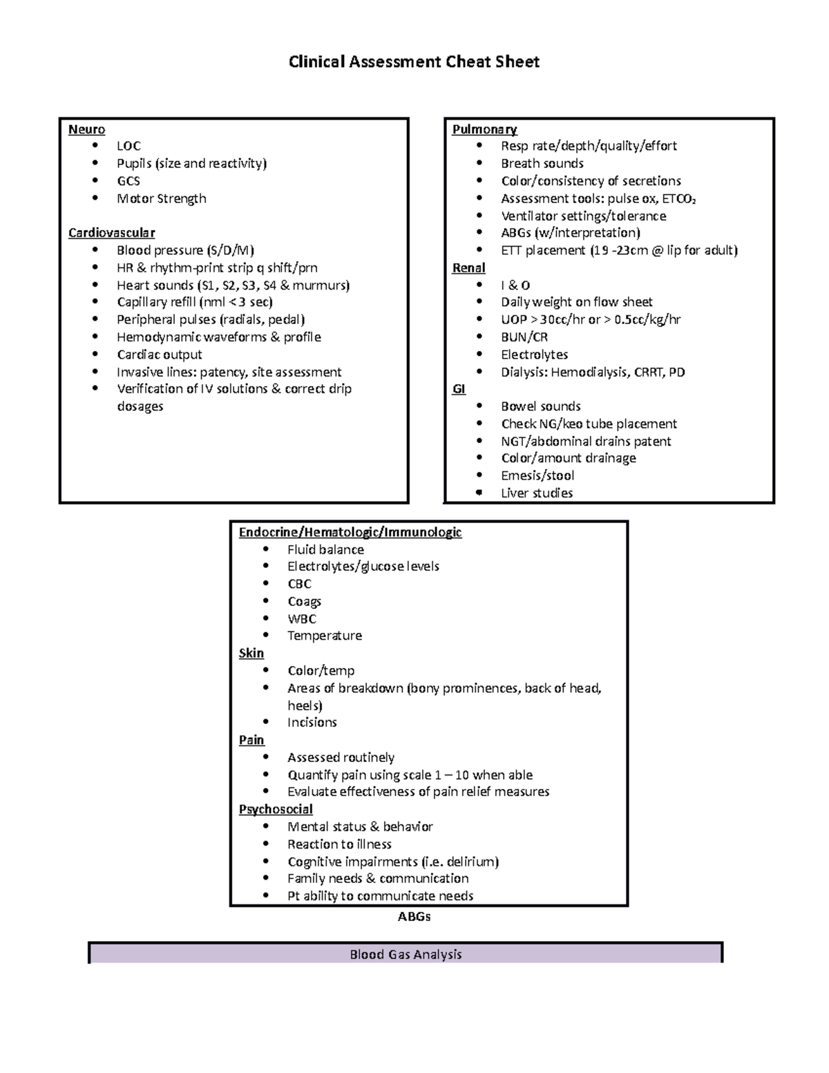 Clinical Assessment Cheat Sheet - Clinical Assessment Cheat Sheet Neuro ...
