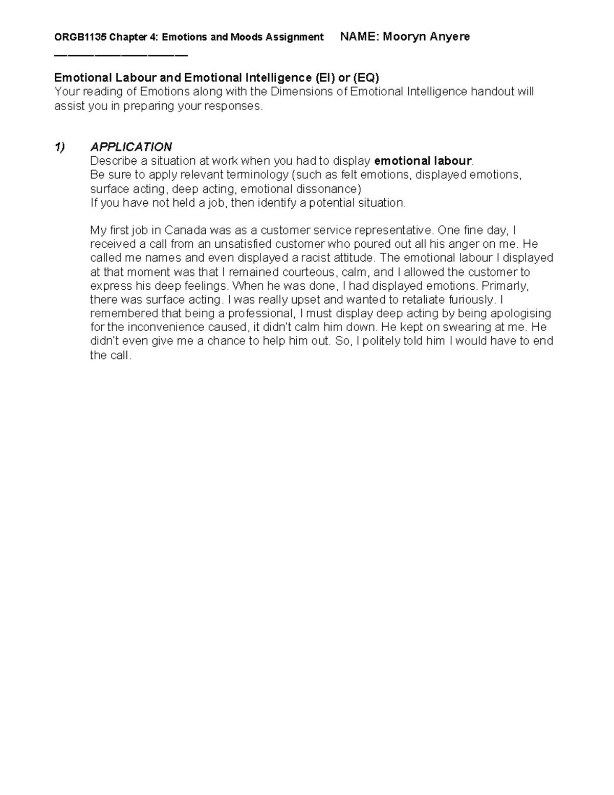 Emotions and Emotional Intelligence Handout Exercise - ORGB1135 Chapter ...