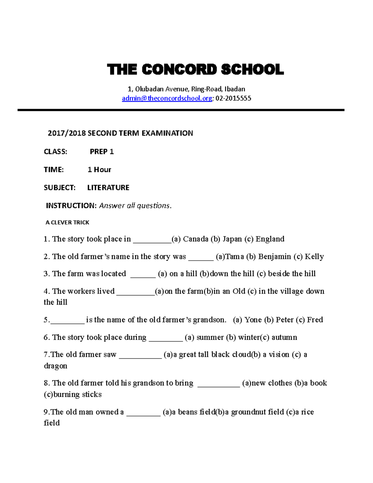 Prep 1literature exam second term - THE CONCORD SCHOOL 1, Olubadan ...