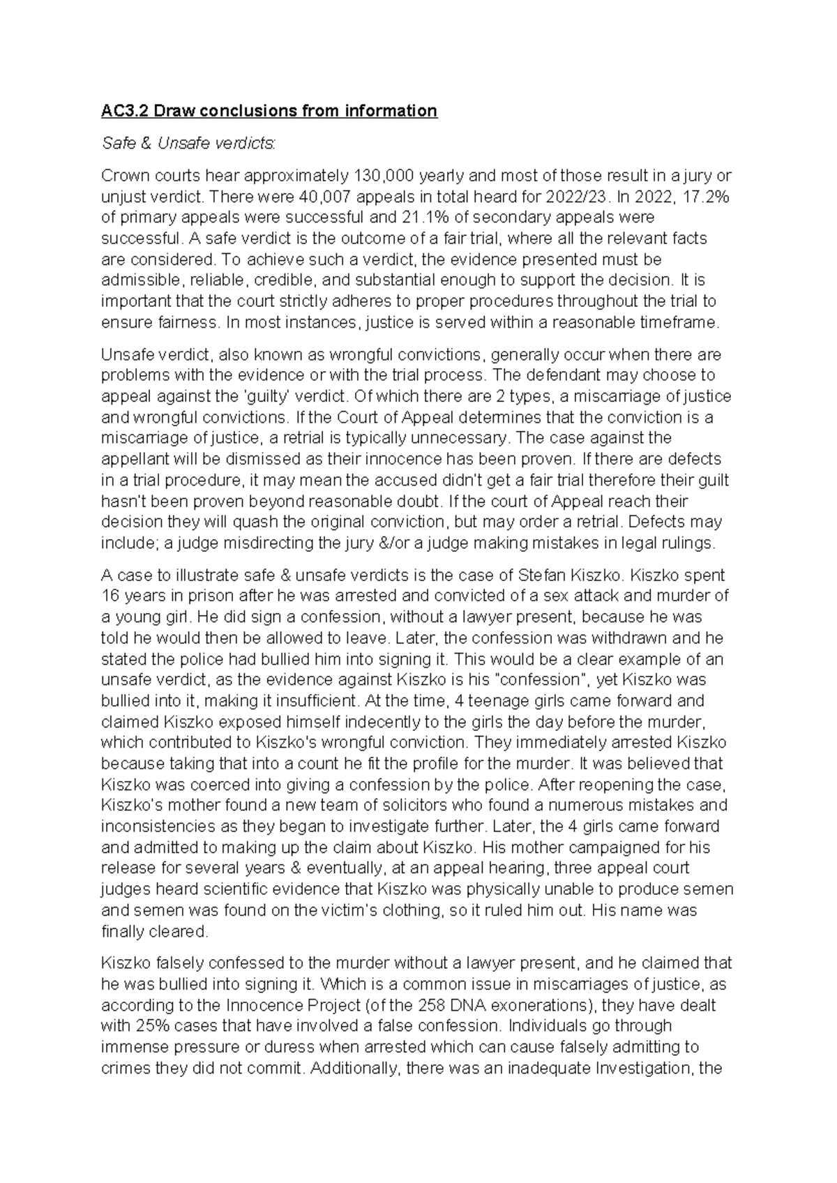 AC3.2 plan response - AC3 Draw conclusions from information Safe & Unsafe verdicts: Crown courts ...