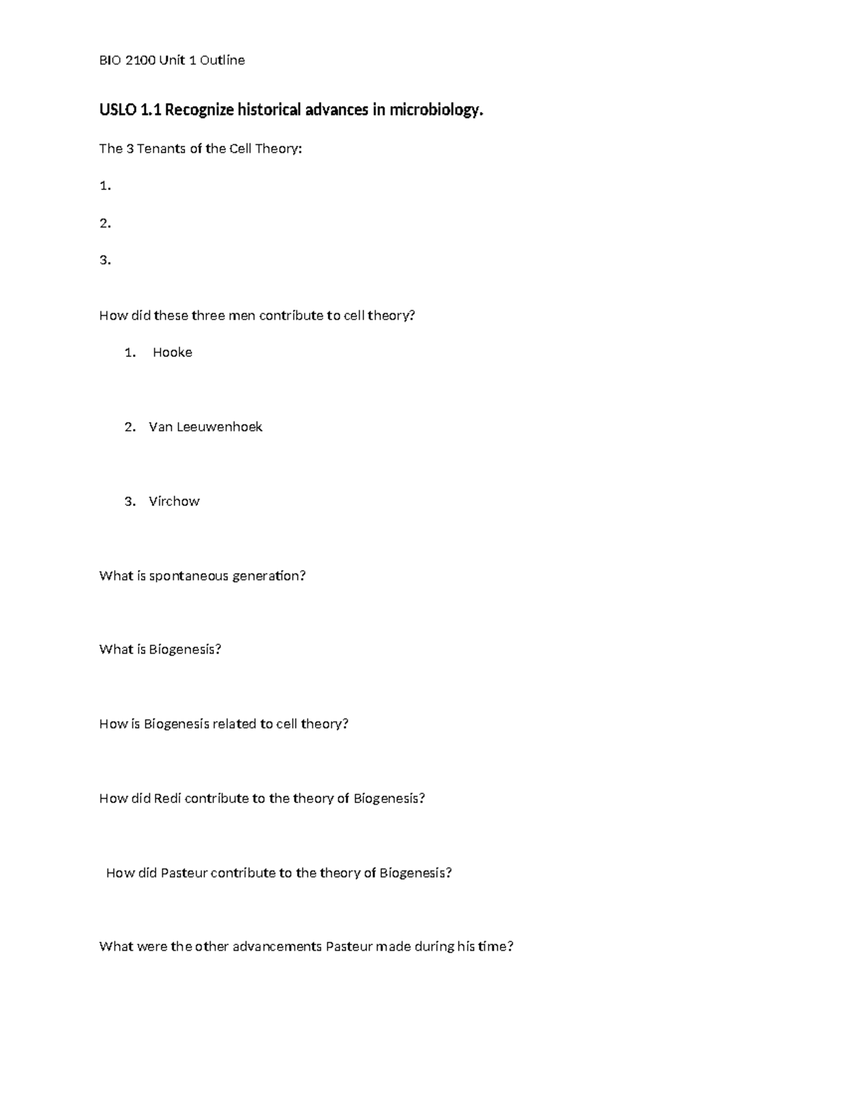 BIO 2100 Unit 1 Outline - USLO 1 Recognize historical advances in ...