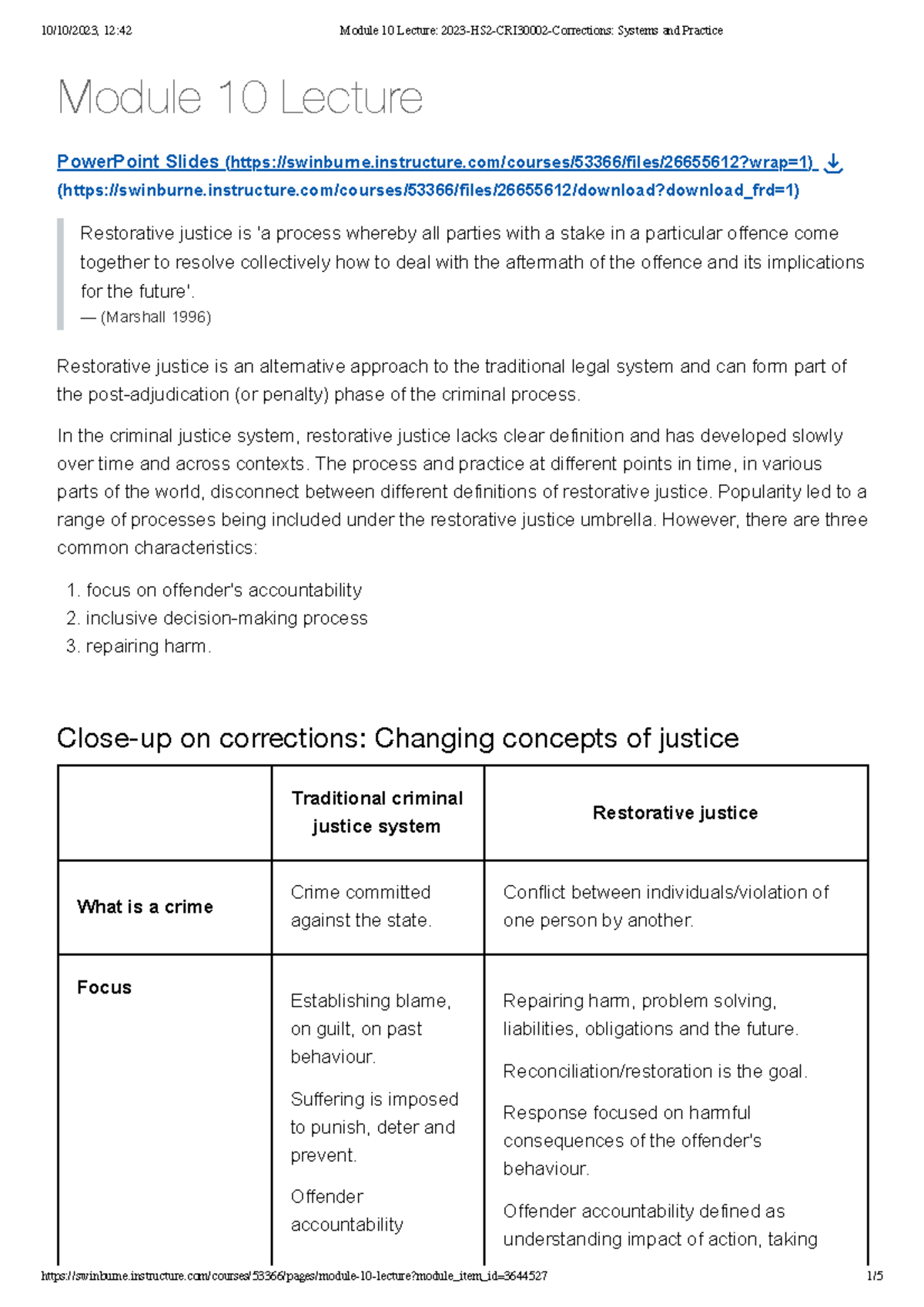Module 10 Lecture 2023-HS2-CRI30002-Corrections Systems and Practice - Module 10 Lecture ...