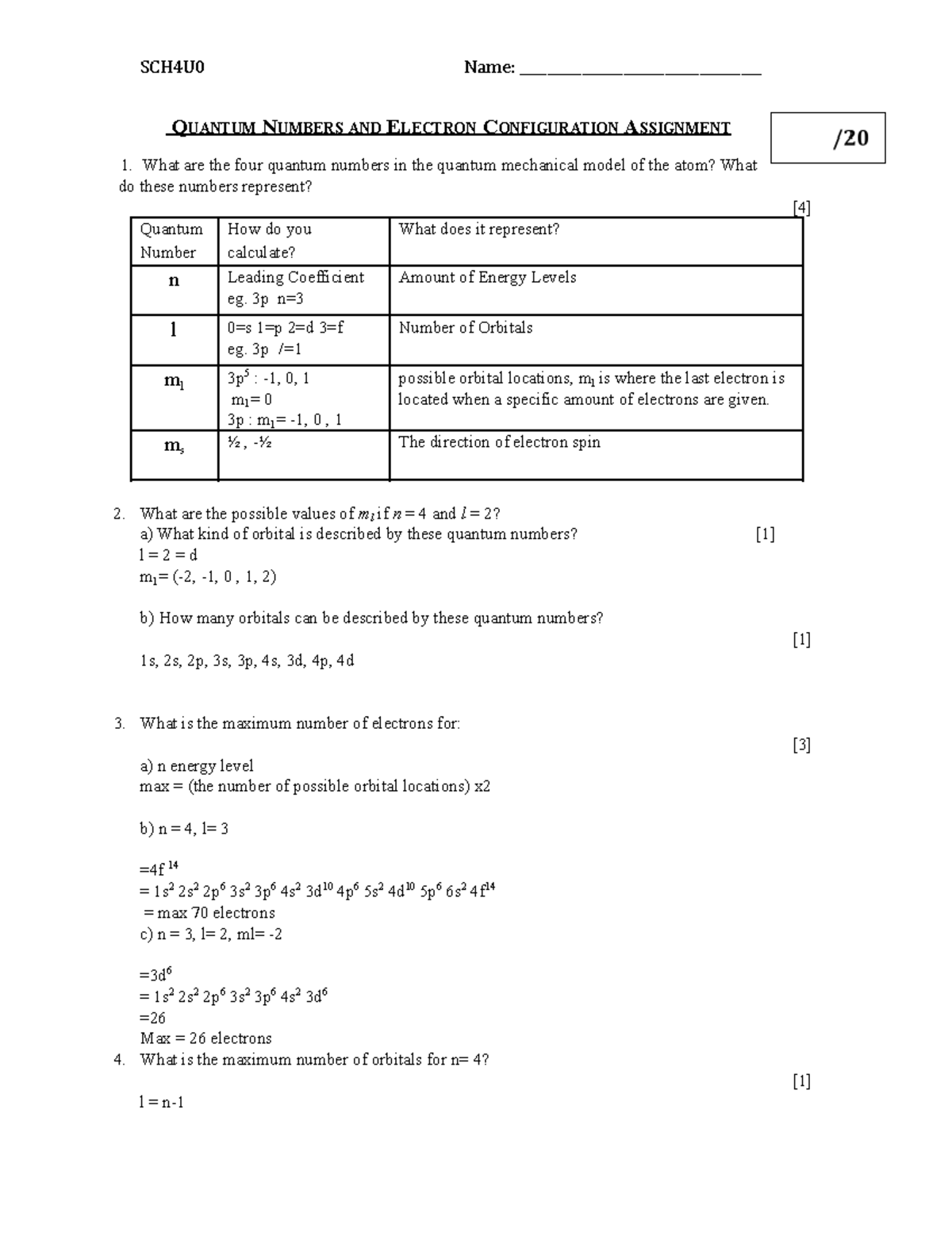3.5 Orbitals and Electron Config Assignment - SCH4U0 Name