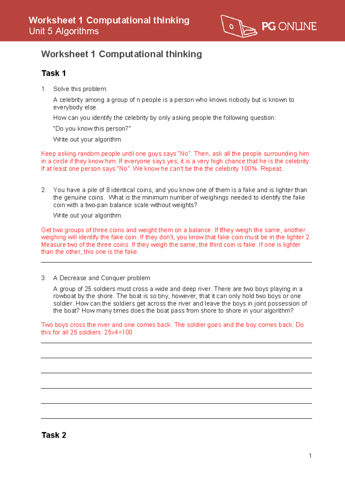 211 Algorithms Worksheet 1 Worksheet 1 Computational Thinking Unit 5 Algorithms Worksheet 1