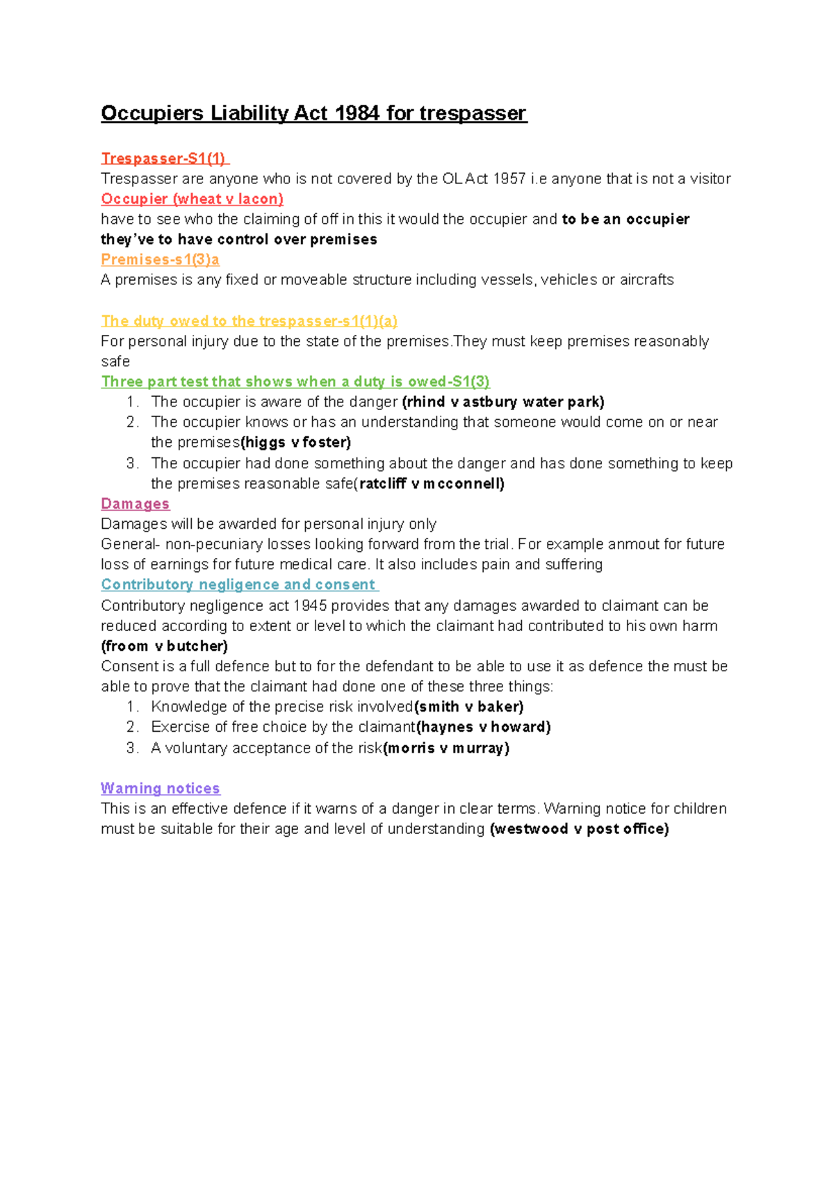 Occupiers Liability Act 1984 for trespasser - Occupiers Liability Act ...