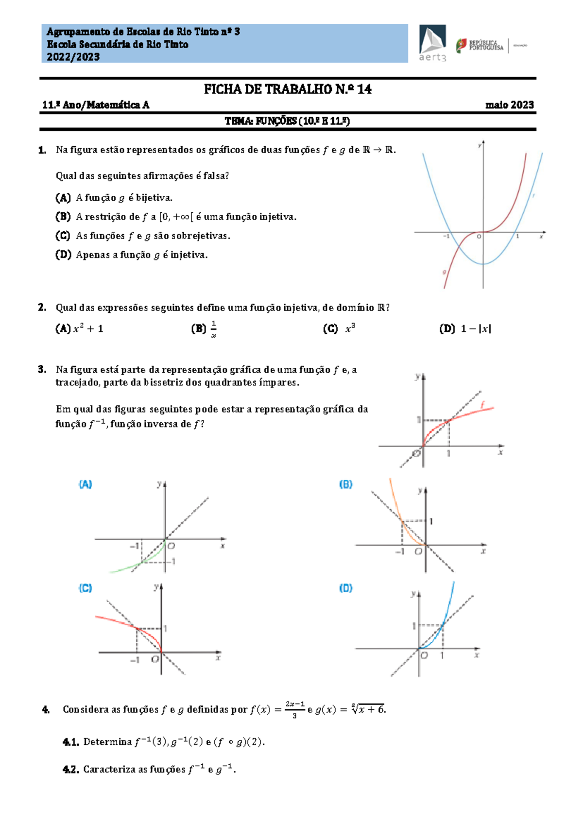 ficha funções 11 - FICHA DE TRABALHO N.º 14 11.º Ano/Matemática A maio ...