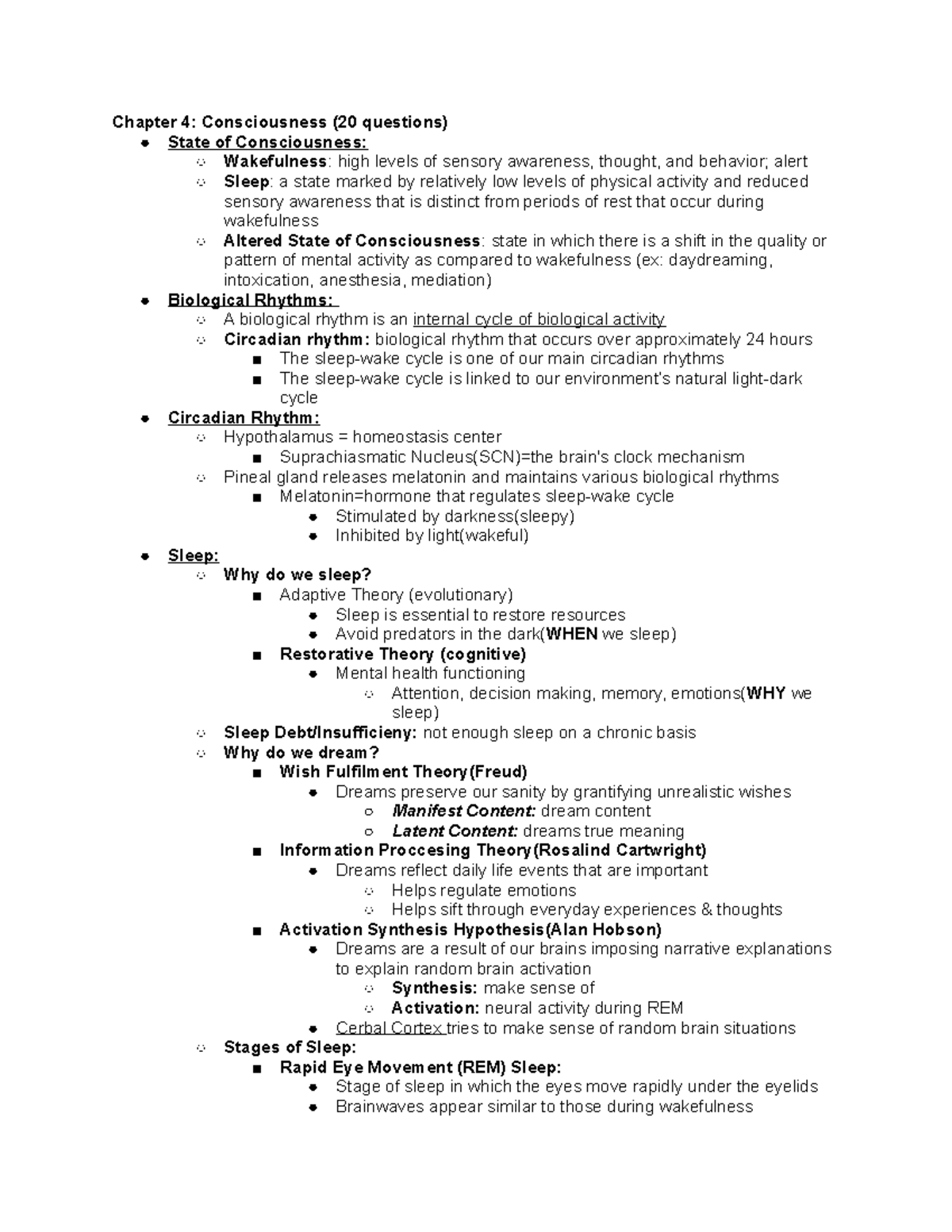 PSYC 2000 Key Notes for Exam 2-2 - Chapter 4: Consciousness (20 ...