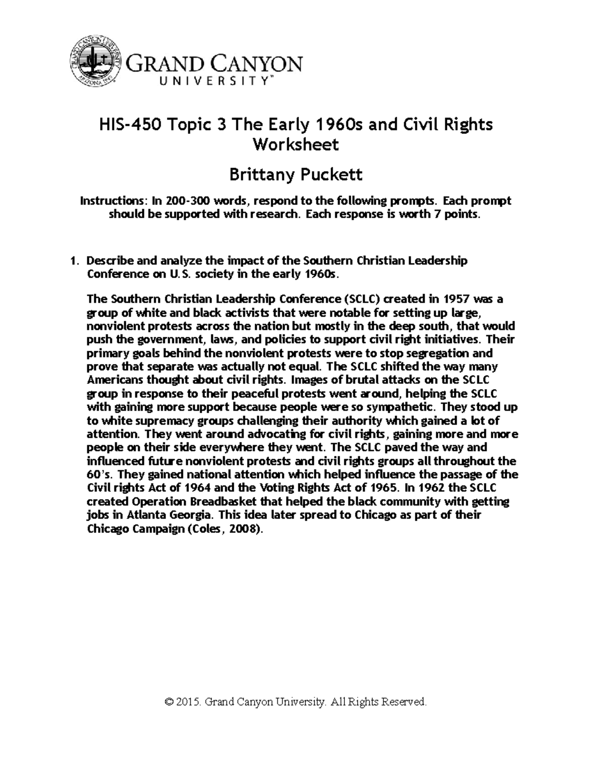 HIS-450 Topic 3 The Early 1960s and Civil Rights Worksheet - Each ...