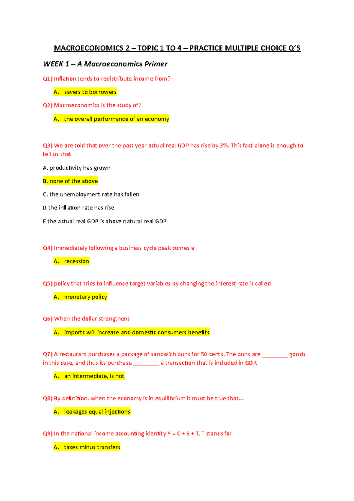 Topic 1-4 Practice MQ's - MACROECONOMICS 2 – TOPIC 1 TO 4 – PRACTICE ...