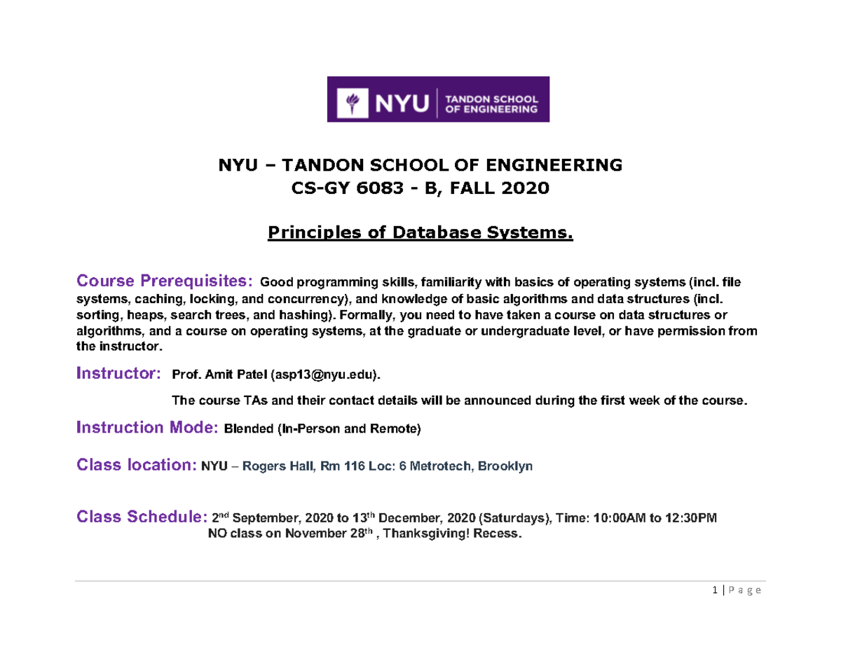 CS GY 6083 F20 - syllabus - NYU – TANDON SCHOOL OF ENGINEERING CS-GY ... CS GY 6083 F20 - syllabus - NYU – TANDON SCHOOL OF ENGINEERING CS-GY ...