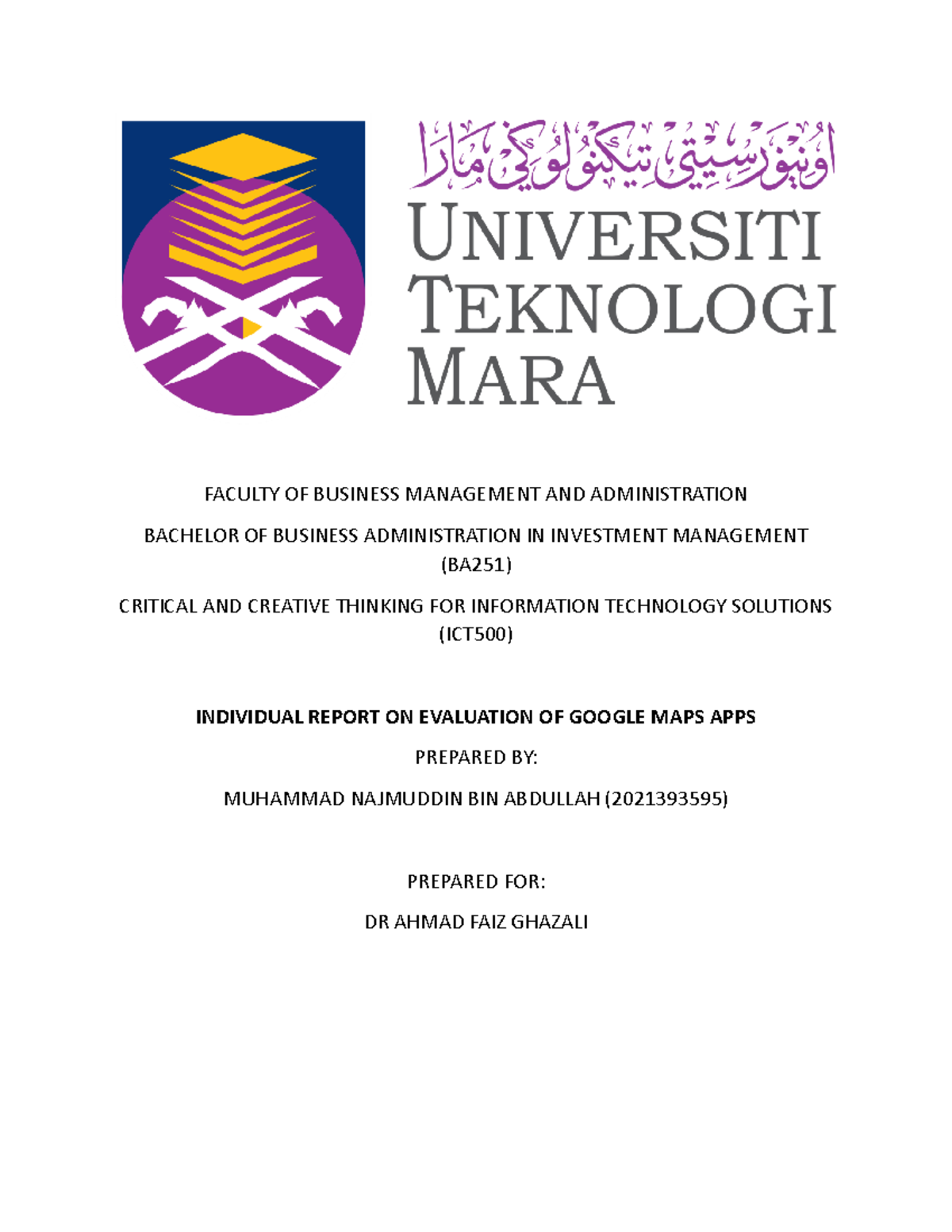 Individual Assignment FOR ICT500 - FACULTY OF BUSINESS MANAGEMENT AND ...