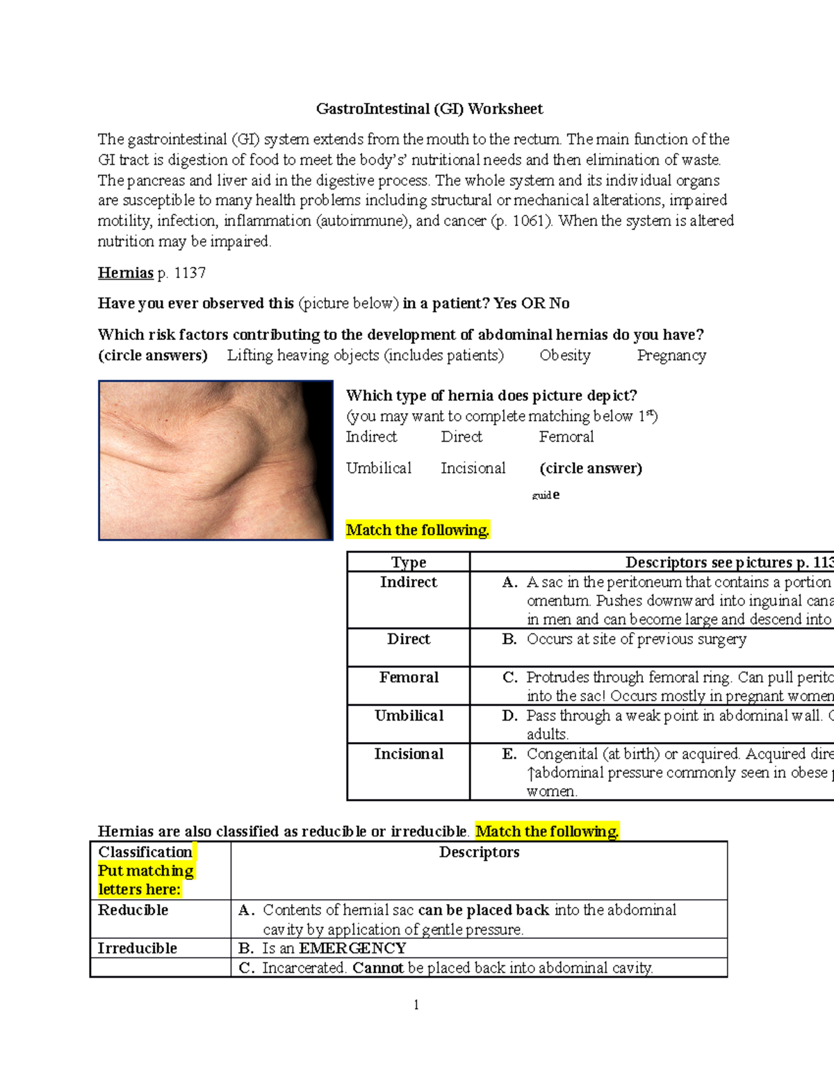 GI Worksheet - GastroIntestinal (GI) Worksheet The gastrointestinal (GI ...