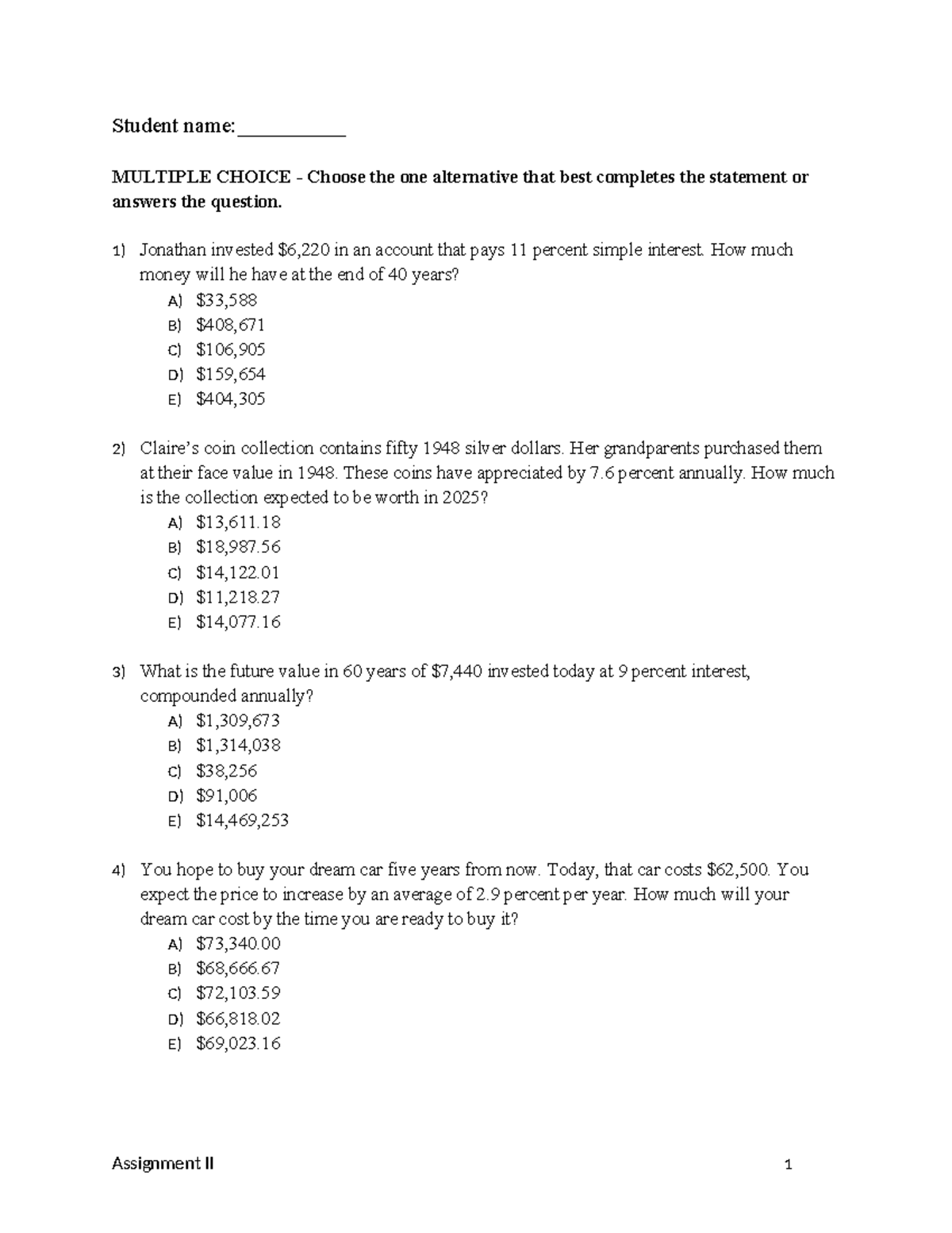 FIN 301- Assignment 2 - Student name:__________ MULTIPLE CHOICE ...