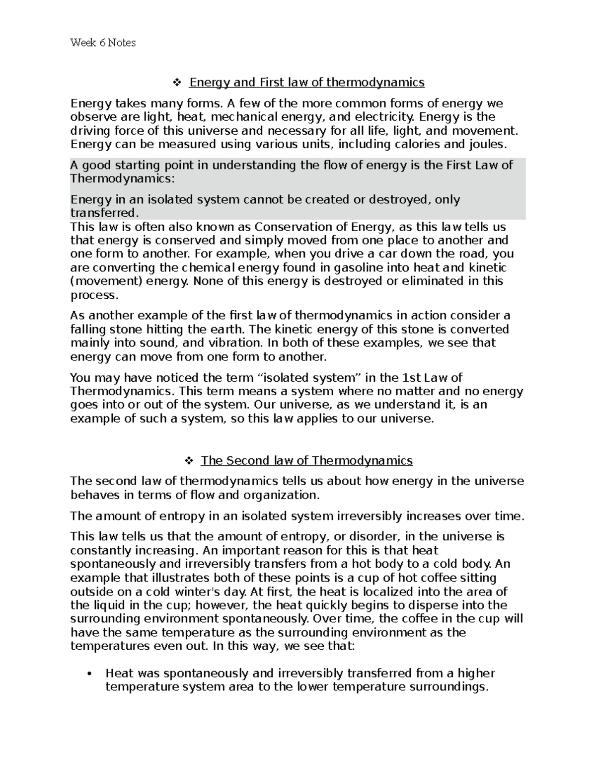 Week 6 Notes - Energy and First law of thermodynamics Energy takes many ...