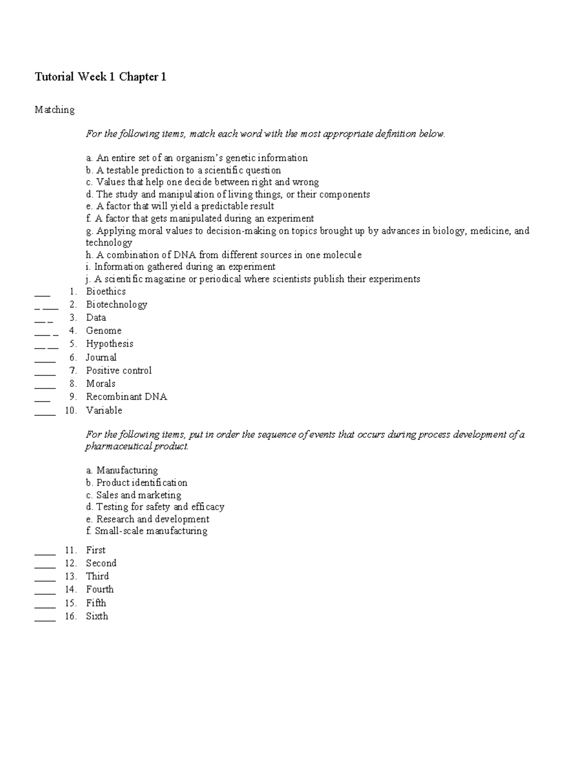 Chap 1 MCQs - mcq - Tutorial Week 1 Chapter 1 Matching For the following items, match each word ...