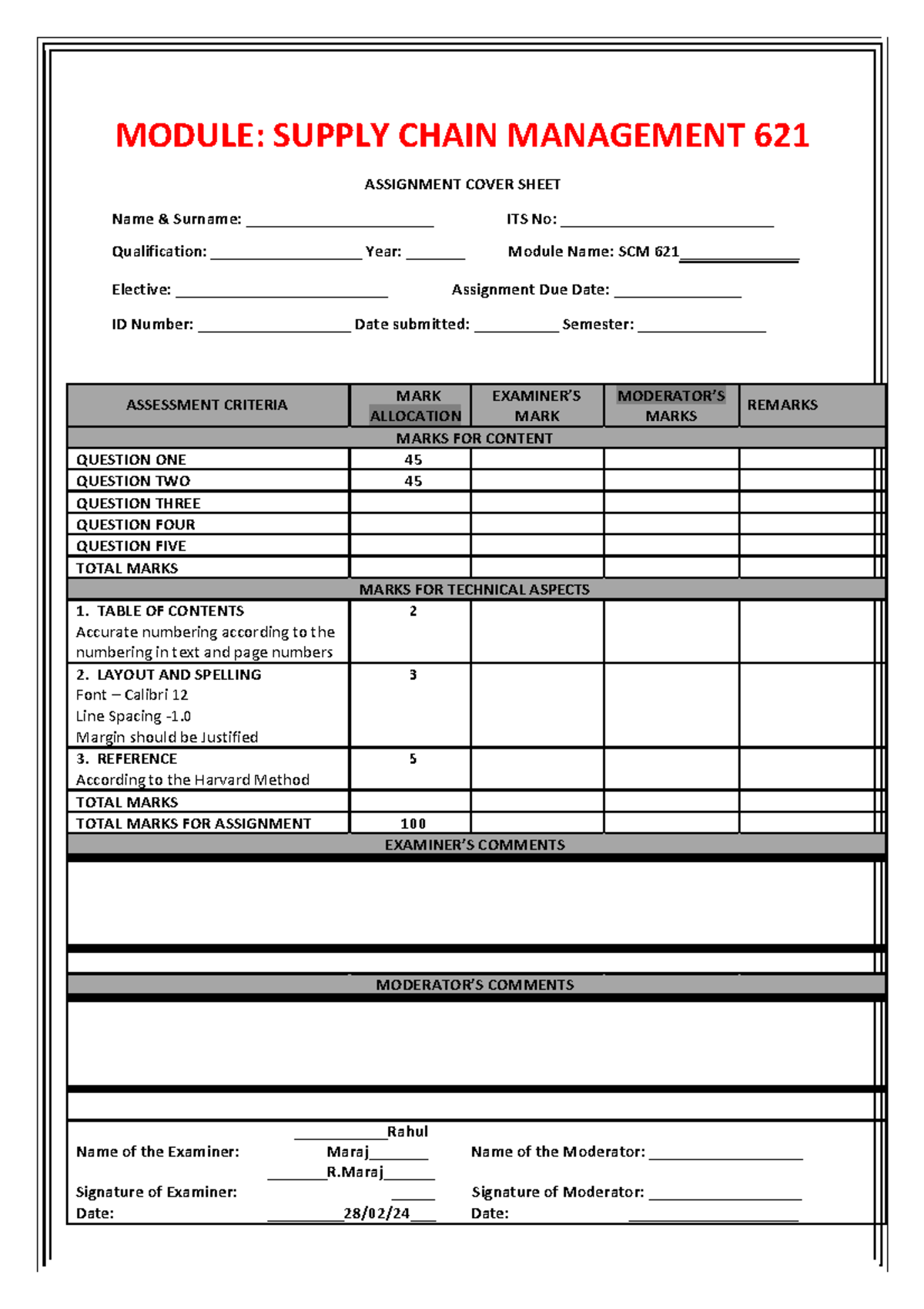 SCM 621 Assignment - MODULE: SUPPLY CHAIN MANAGEMENT 621 ASSIGNMENT COVER SHEET Name & Surname ...