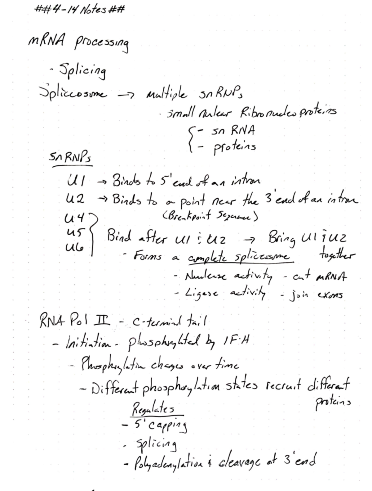 Exam 4 - 4-14 Notes - ##4-14 Notes ## ssing Sime S mRNA processing ...