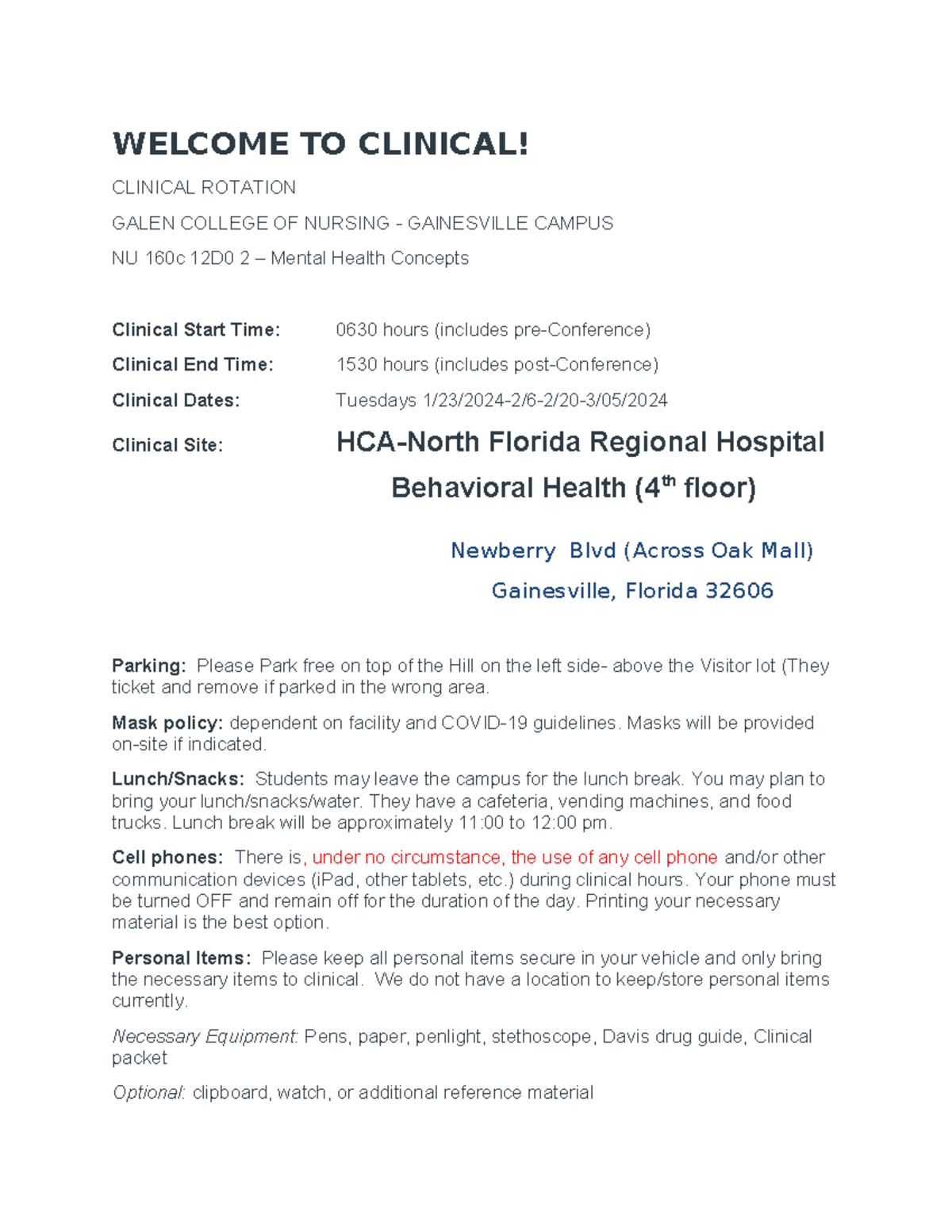 Welcome TO Clinical N Fld MH NU160c 2 Spring 2024 REV TR - WELCOME TO ...