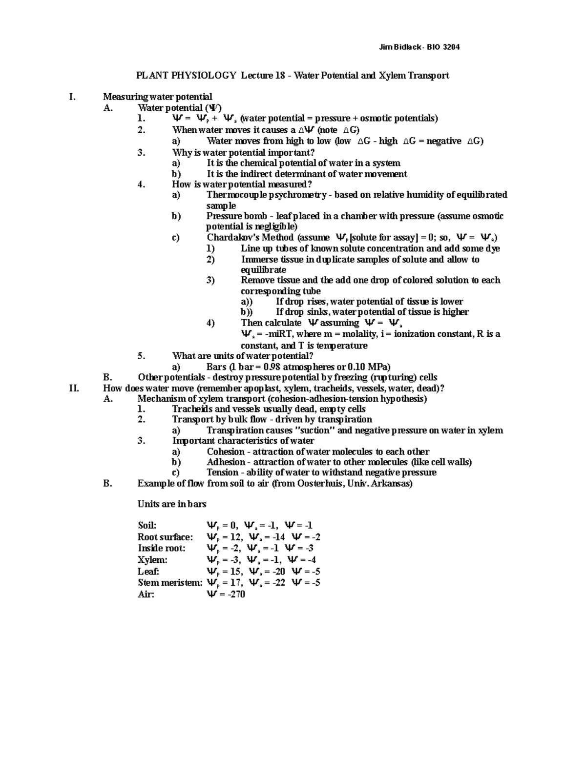 Xylem - PLANT PHYSIOLOGY LECTURE NOTES - Jim Bidlack - BIO 3204 PLANT ...