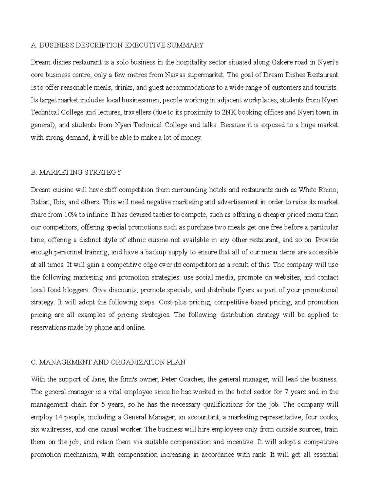 resturant business plan entrepreneurship plan - A. BUSINESS DESCRIPTION ...