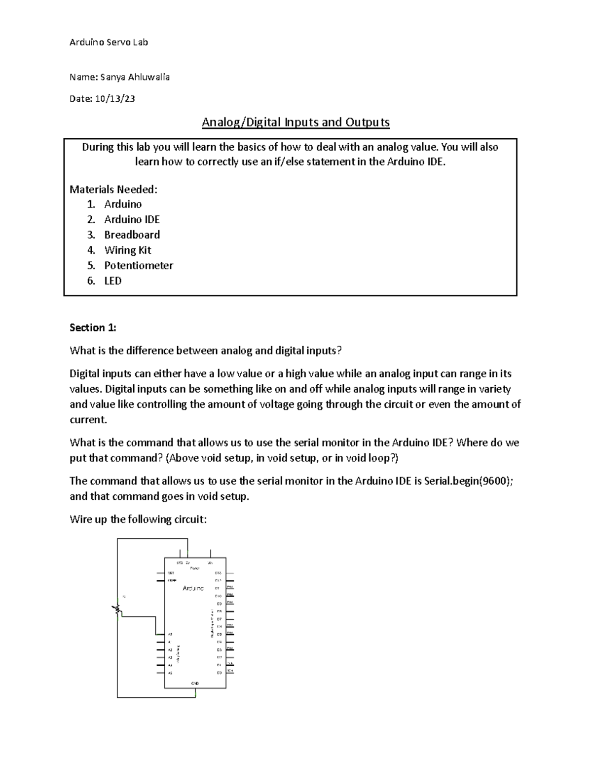 Copy Of Analog Vs Digital Lab Arduino Servo Lab Name Sanya Ahluwalia