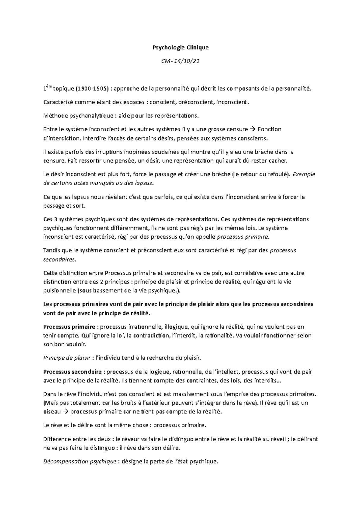 14 Octobre 2021 § - Cours L1 - Psychologie Clinique CM- 14/10/ 1 ère topique (1900-1905 ...