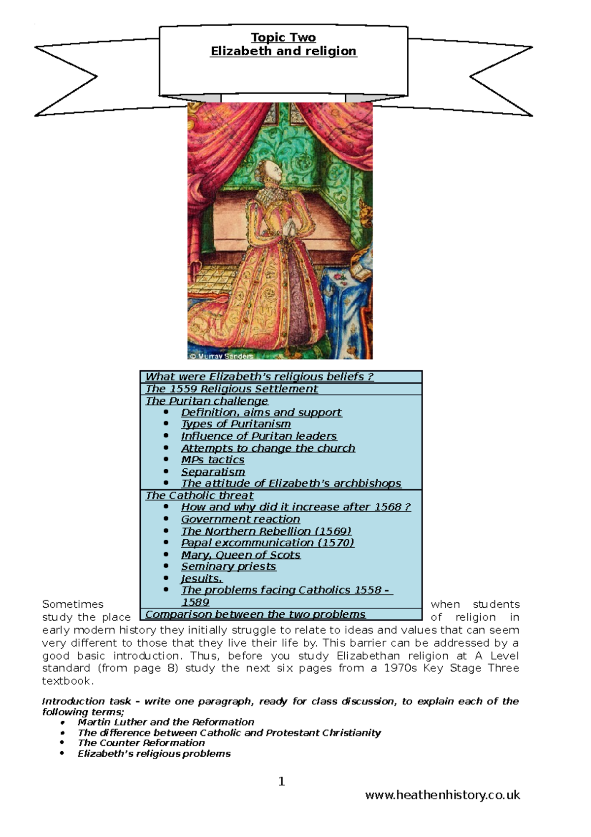 Topic 2 Elizabeth and religion - Sometimes when students study the ...