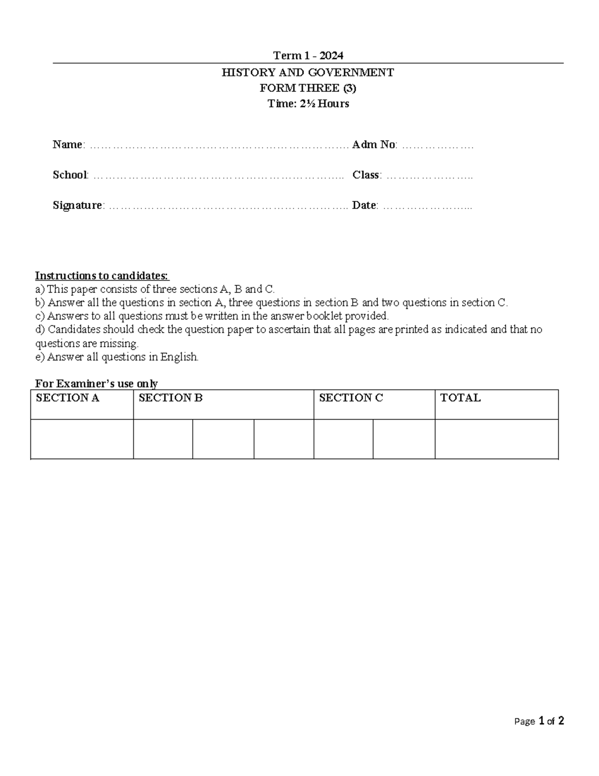 Form 3 - History - Question Paper - Term 1 - 2024 HISTORY AND ...