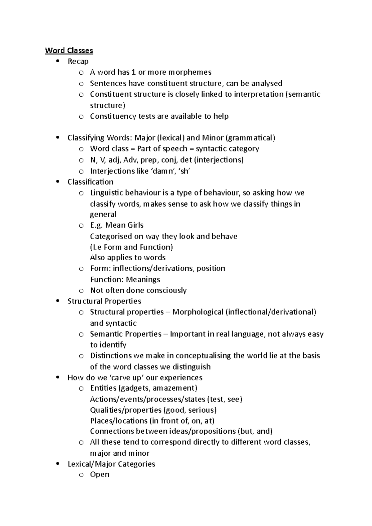 Word Classes LING222 Word Classes Recap O A Word Has 1 Or More