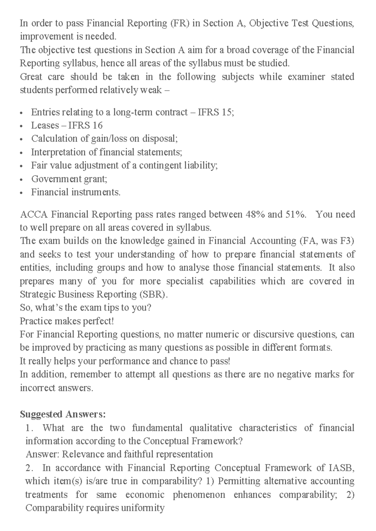 MCQ F7 - NOTES - In order to pass Financial Reporting (FR) in Section A ...