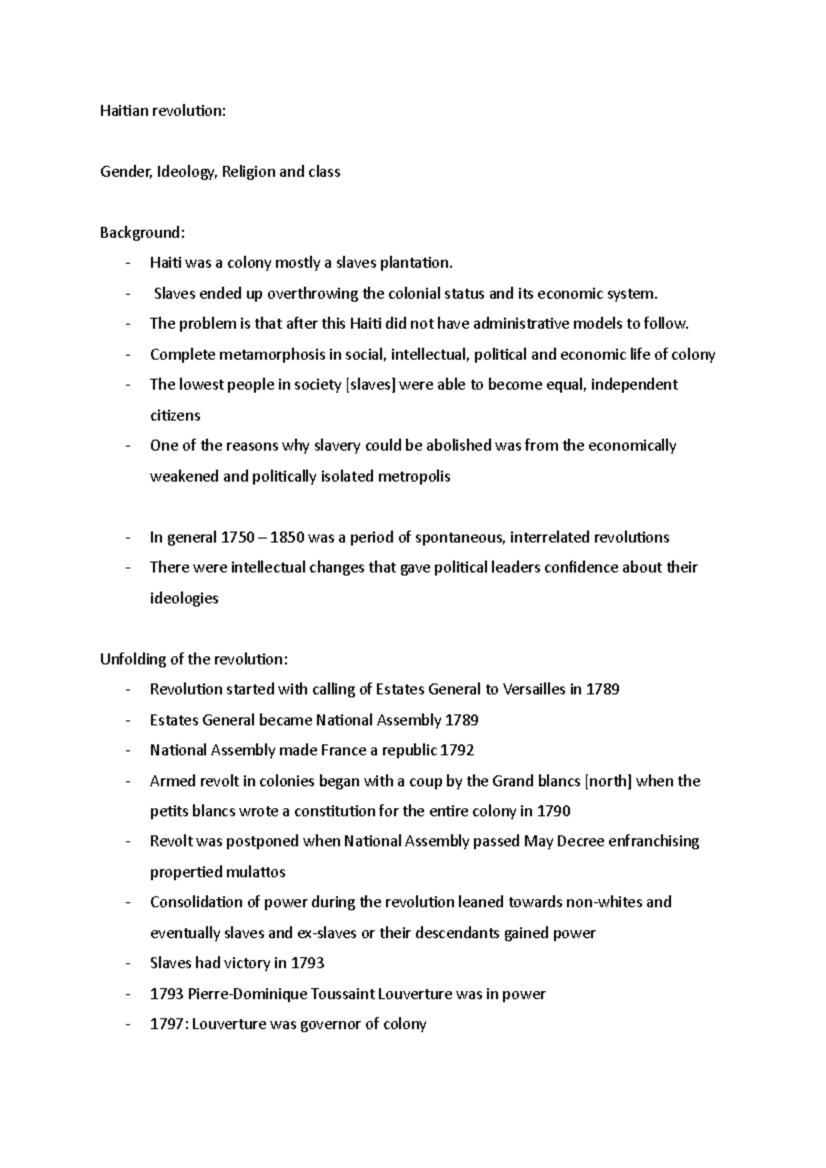 History Haitian revolution extra notes - Haitian revolution: Gender ...