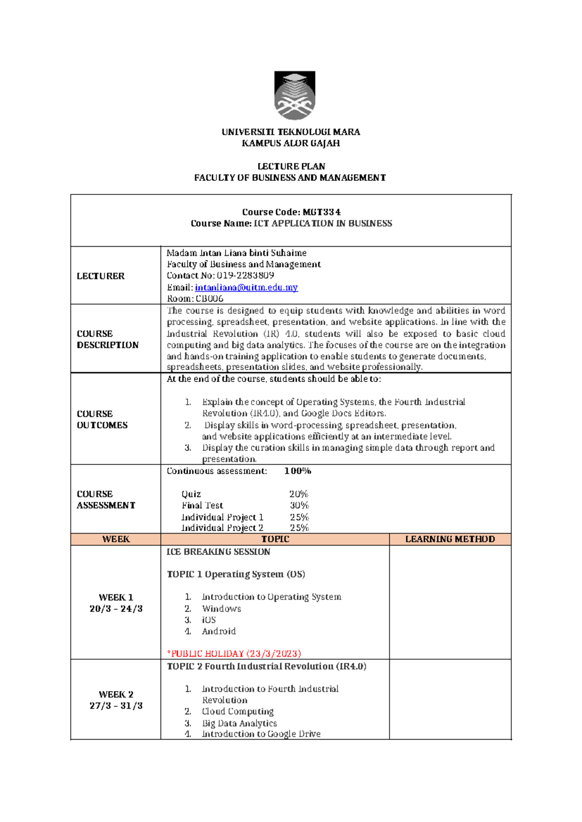 Lesson plan MGT334 sem mac-aug 2023 - UNIVERSITI TEKNOLOGI MARA KAMPUS ...