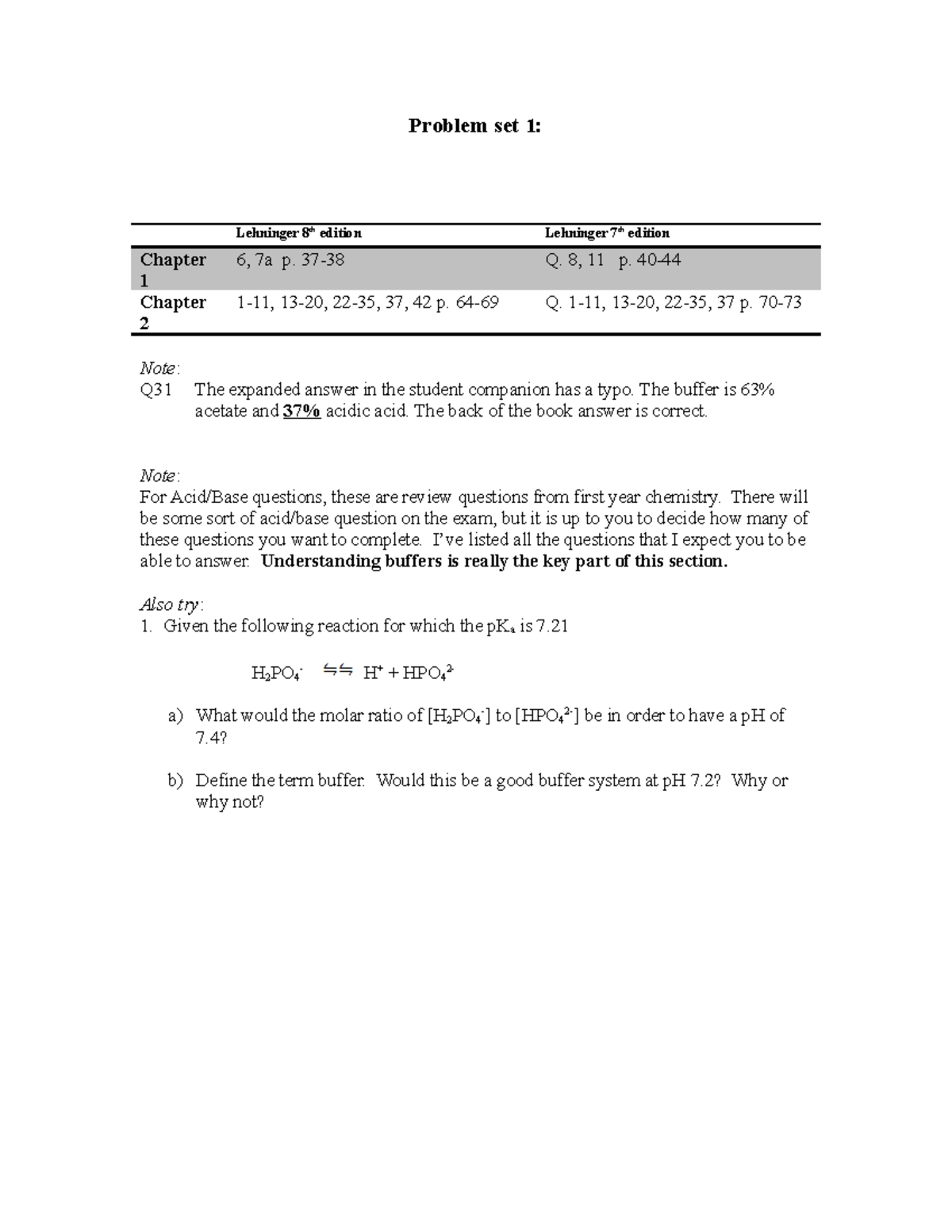 Problem set 1- introduction - Problem set 1: Lehninger 8th edition ...