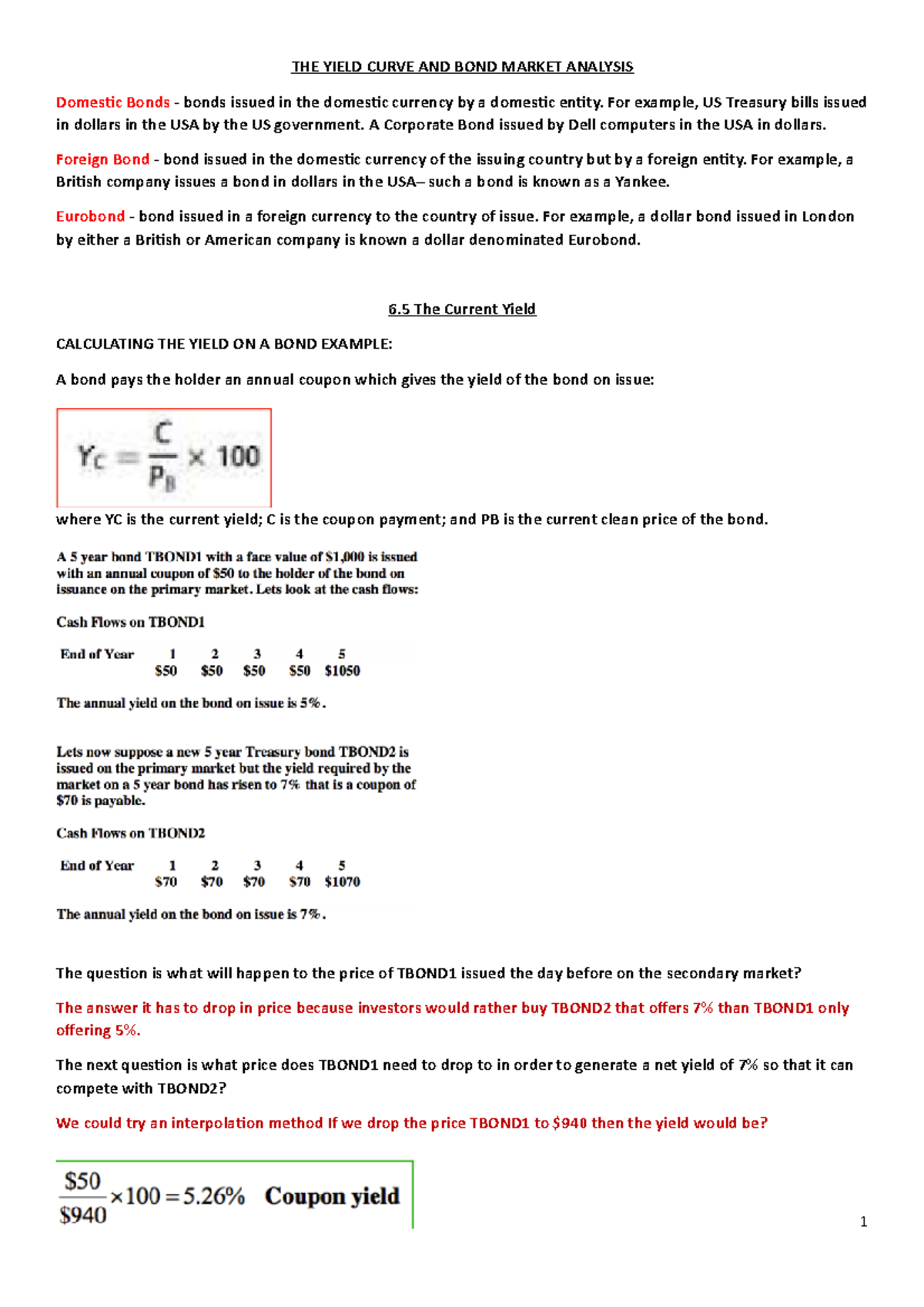 Yields notes for first class!! - THE YIELD CURVE AND BOND MARKET ...