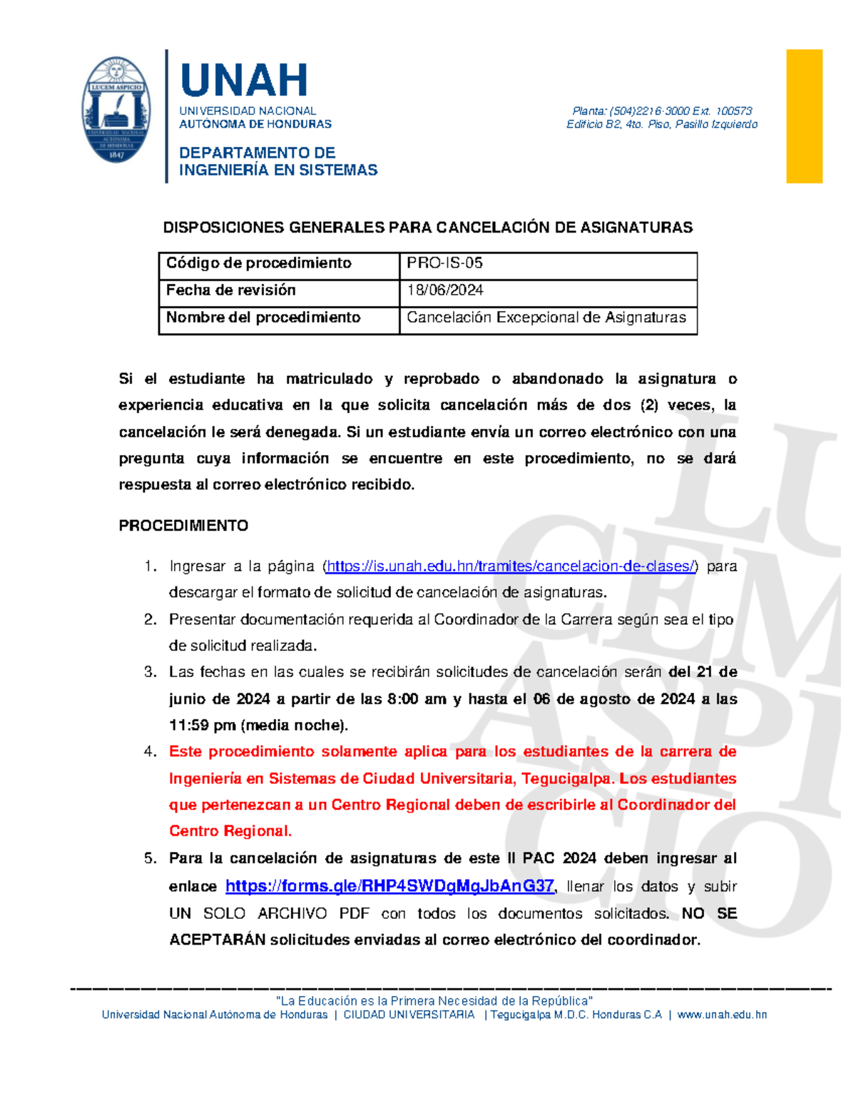 PRO IS 05 Cancelacion Excepcional de Clases - UNIVERSIDAD NACIONAL ...