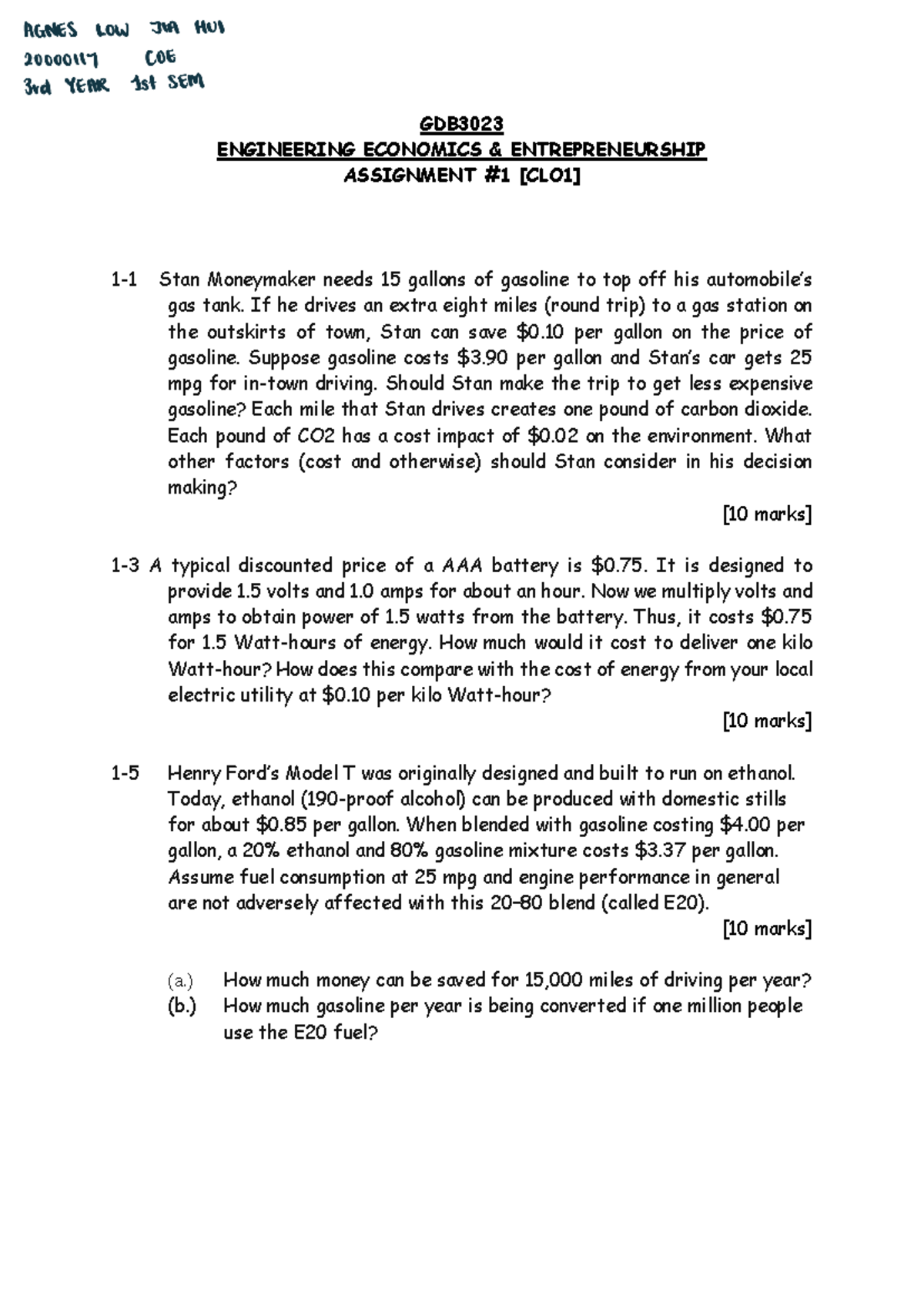 EEE Assignment 1 Jan 23 - GDB ENGINEERING ECONOMICS & ENTREPRENEURSHIP ...