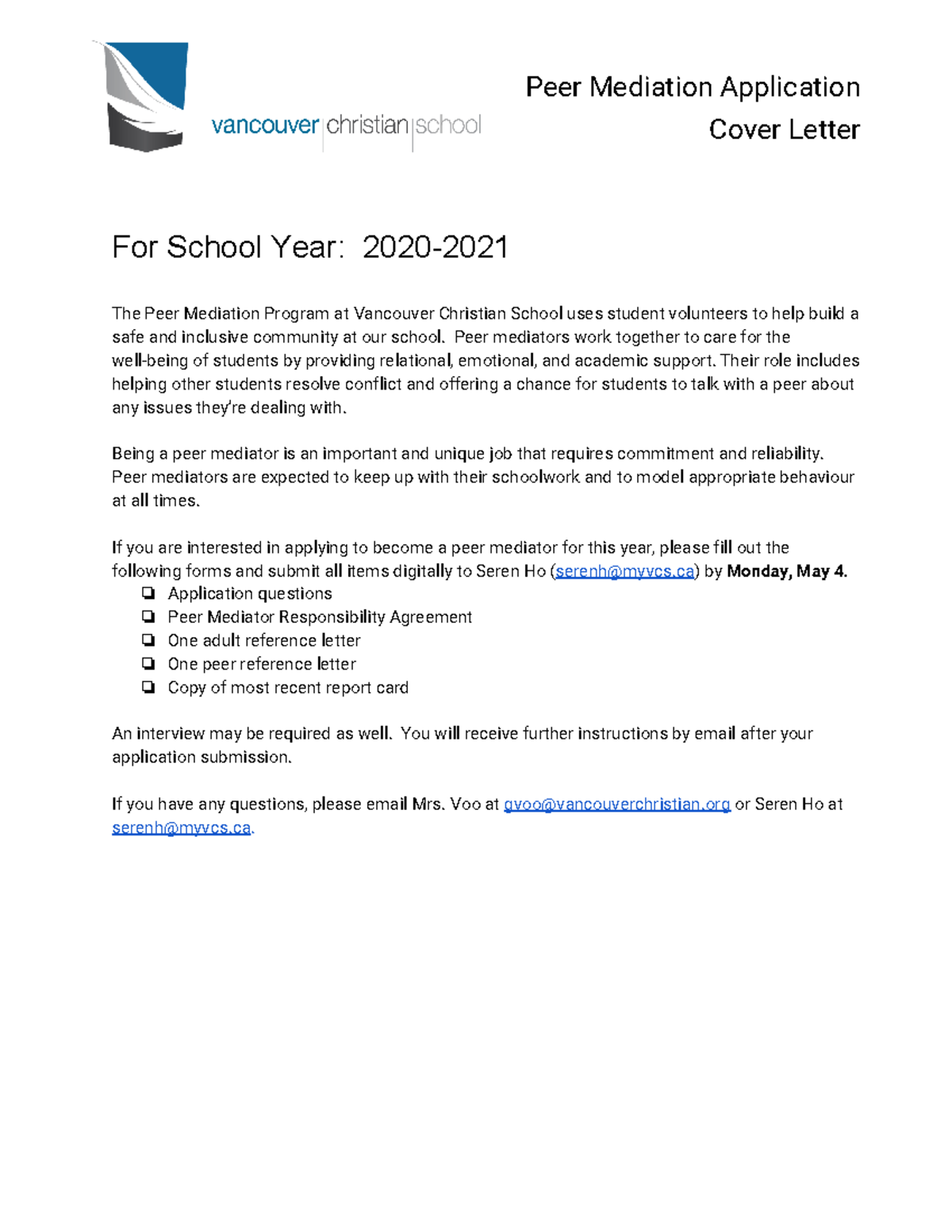 Peer Mediation Application Forms 2020-2021 - Cover Letter For School ...