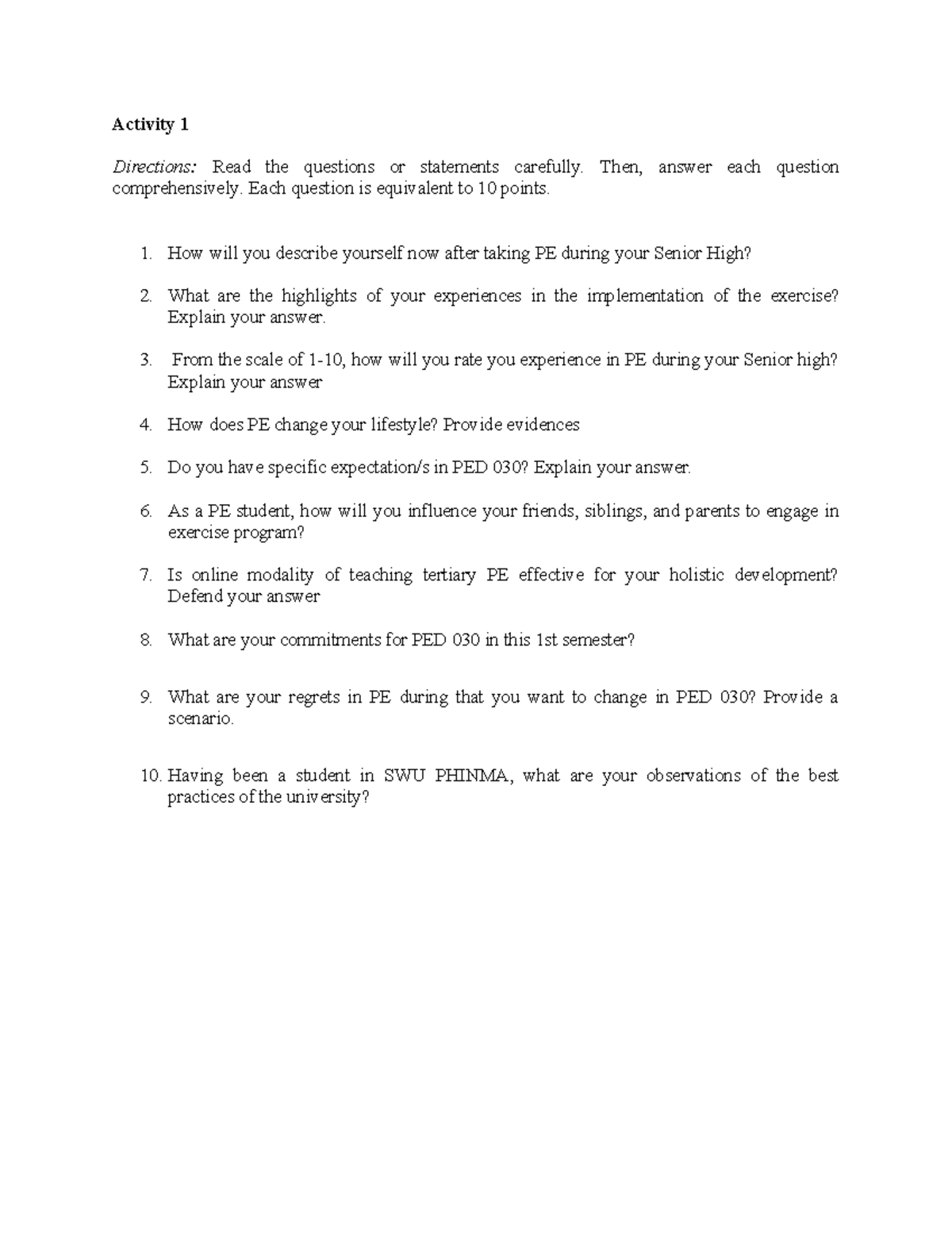 PED 030 Premodule Activity - Activity 1 Directions: Read the questions or statements carefully ...